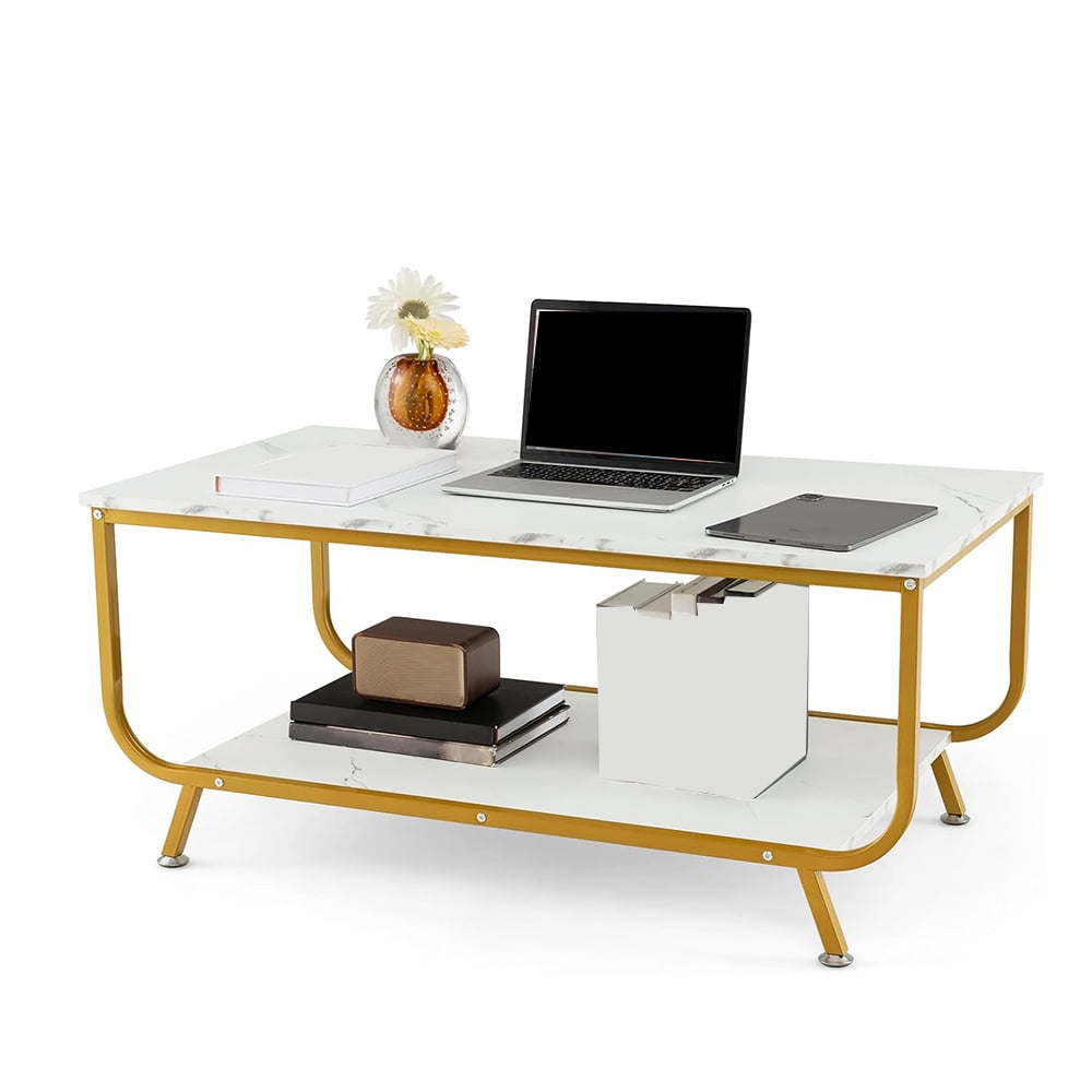 2-Tier Coffee Table, Rectangular Center Cocktail Table with Faux Marble ...