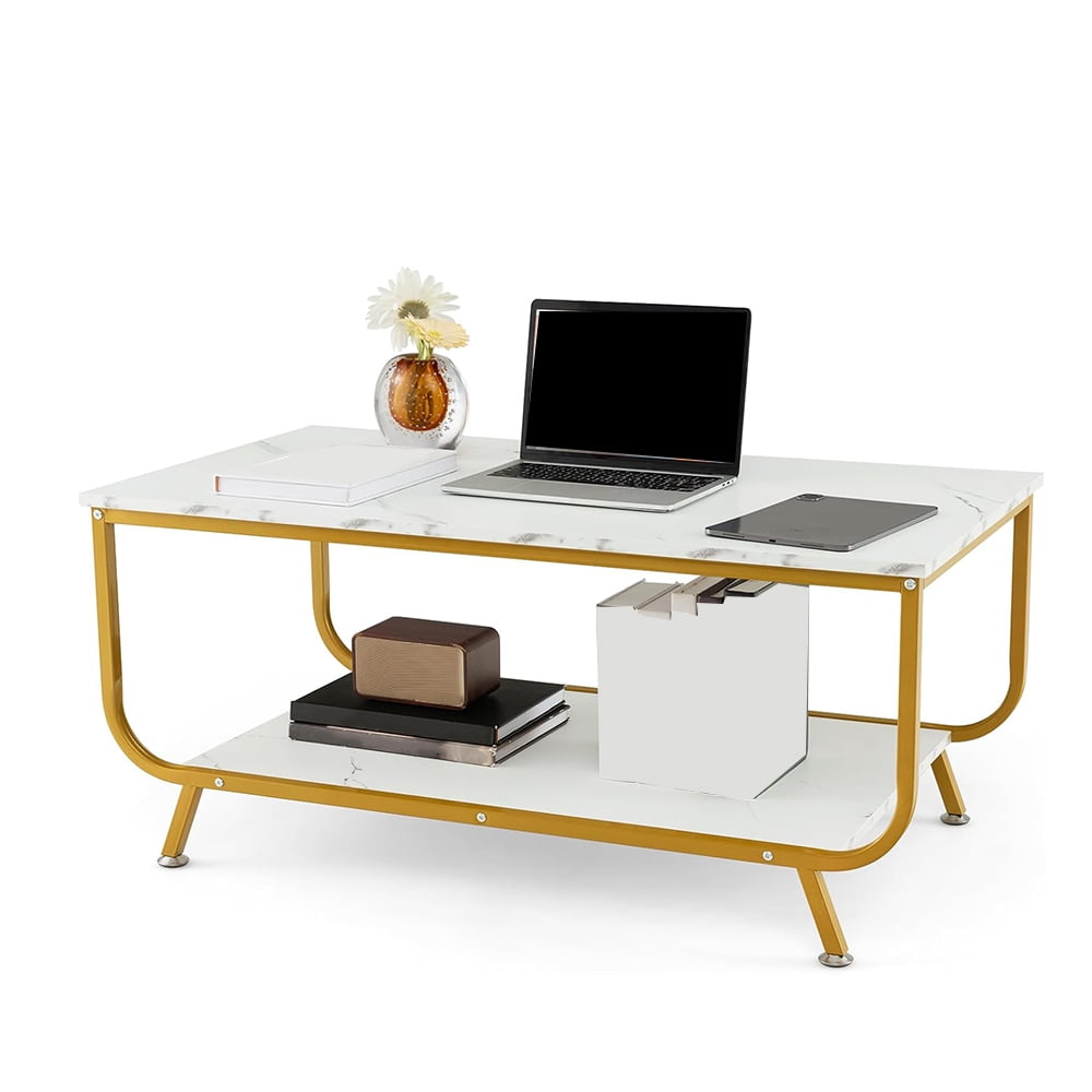 2-Tier Coffee Table, Rectangular Center Cocktail Table with Metal Frame ...