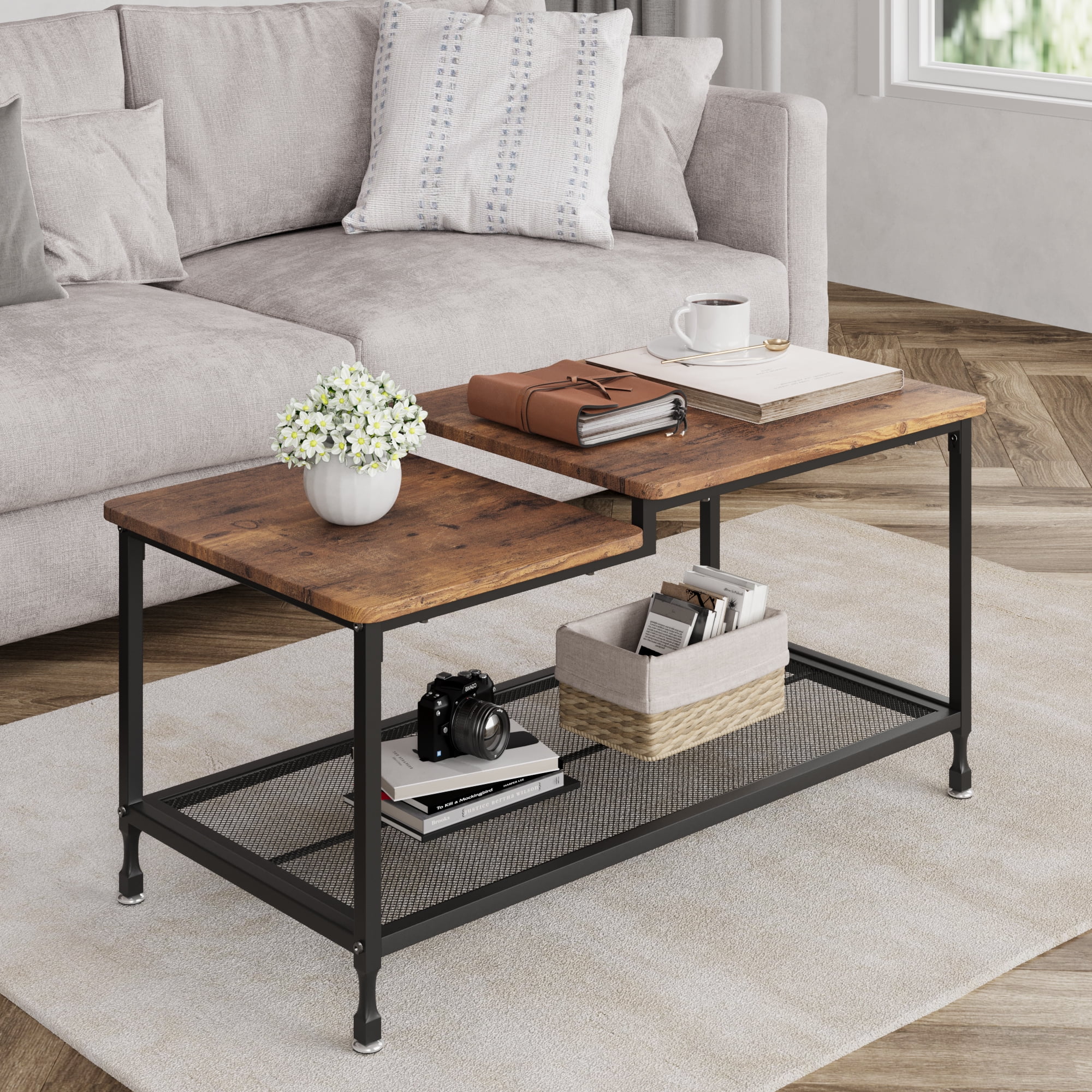 2-Tier Coffee Table, Rustic Brown Industrial Living Room Table Rustic ...
