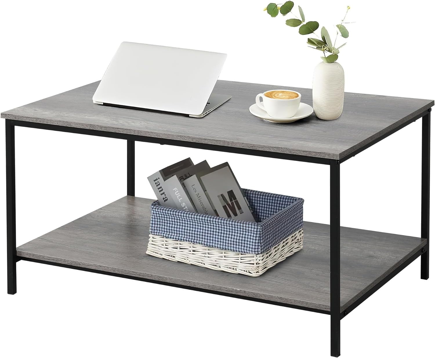 2-Tier Coffee Table with Storage Shelf for Small Living Spaces, Grey ...