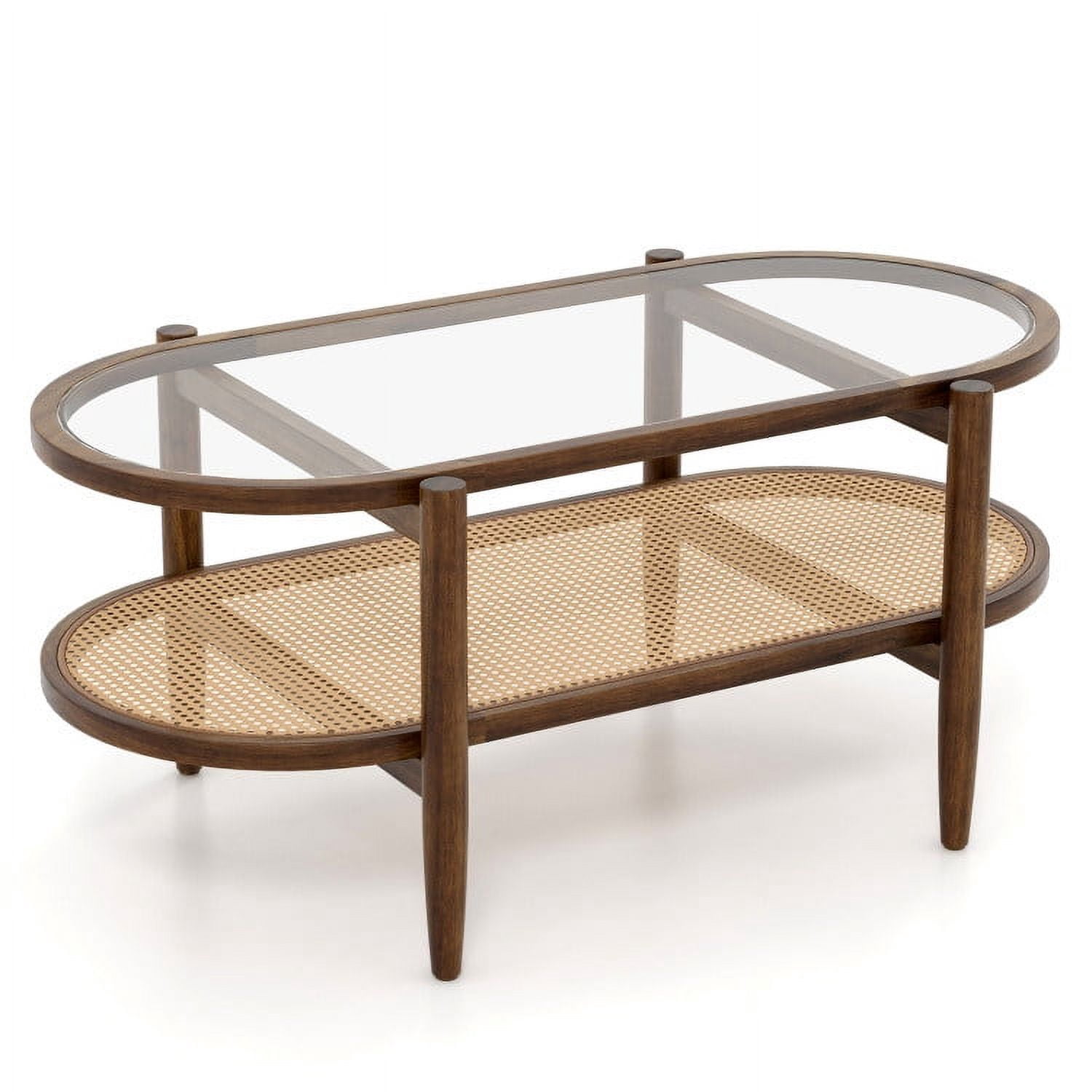 2-Tier Coffee Table with Tempered Glass Top, Acacia Wood Frame and PE ...