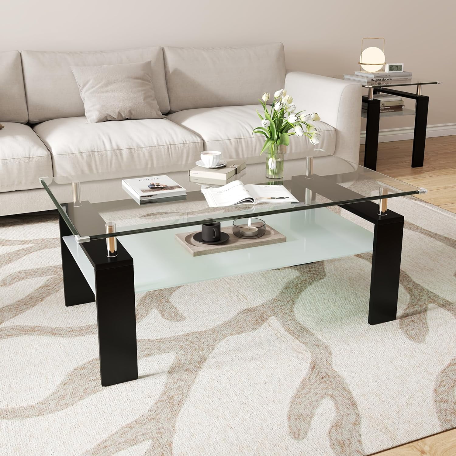 2-Tier Coffee Table with Tempered Glass Top and MDF Frame, Modern Black Rectangular Glass Center ...