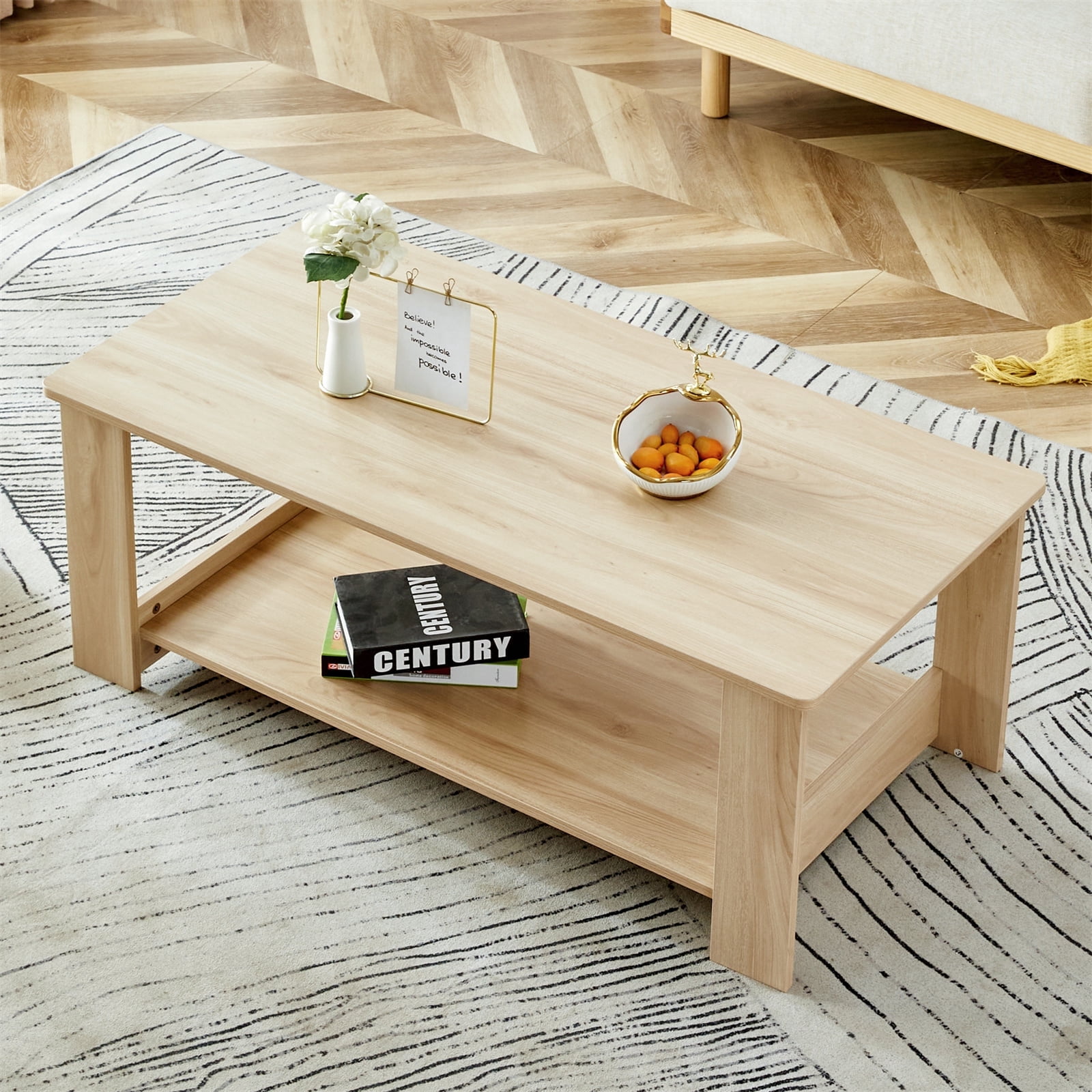 2-Tier Coffee Table, Wooden Farmhouse Coffee Table with Storage Shelf ...