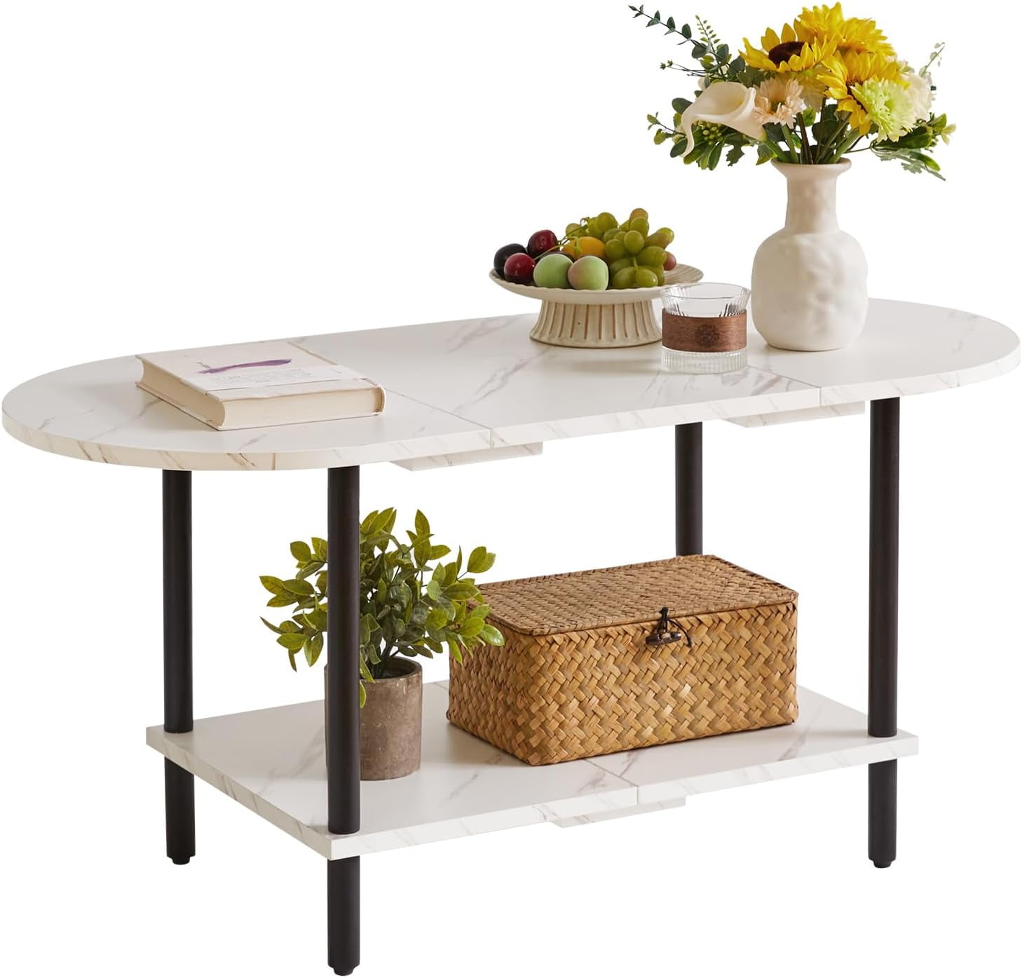 2 Tier Coffee Table with Open Storage Shelf, Oval Wood Tea Table 17 ...