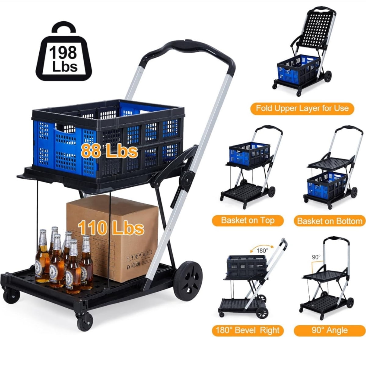 2-Tier Collapsible Shopping Cart Fold Grocery Remove Storage Crate ...