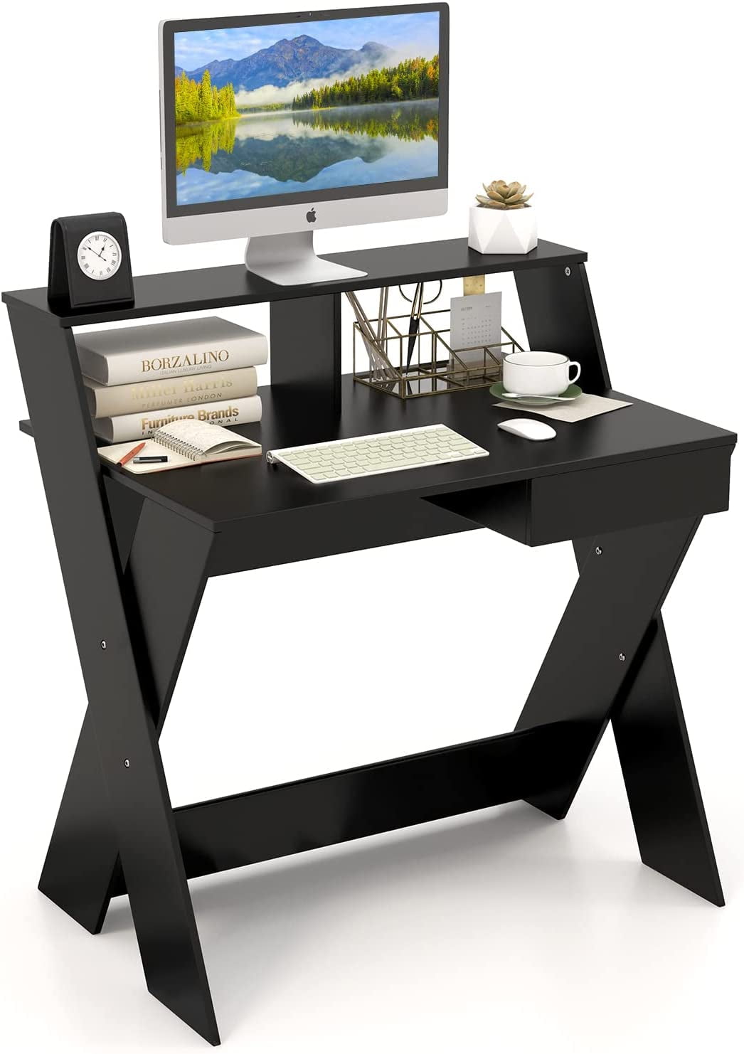 2-Tier Computer Desk with Storage Drawer, Small Writing Desk with ...