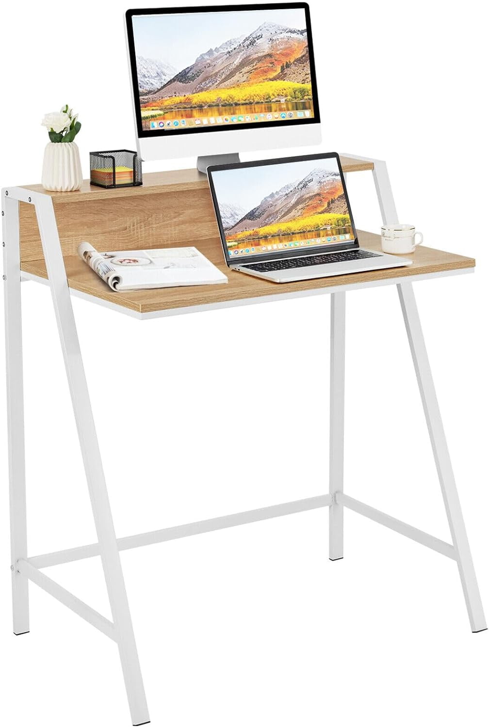 2 Tier Computer Desk in Natural Wood Finish Compact Design for Home ...