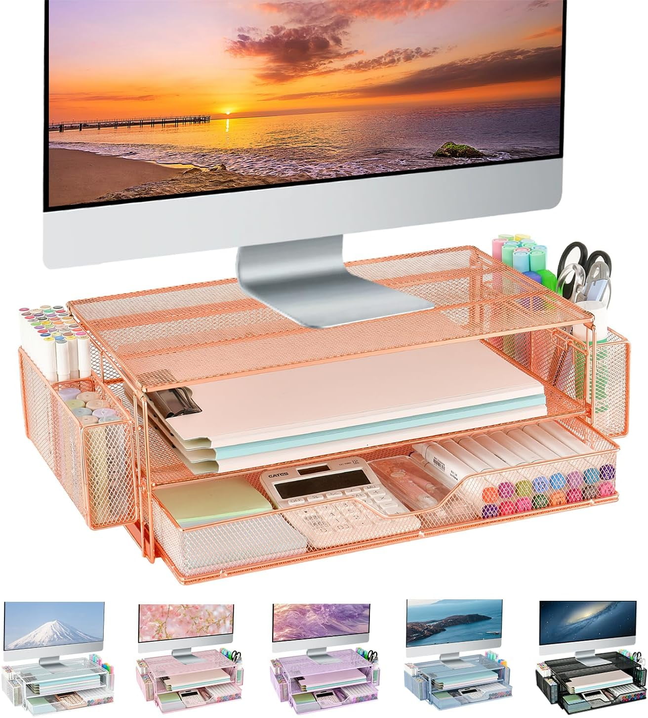 2 Tier Computer Monitor Stand with Drawers and 2 Pen Holders, Desk ...