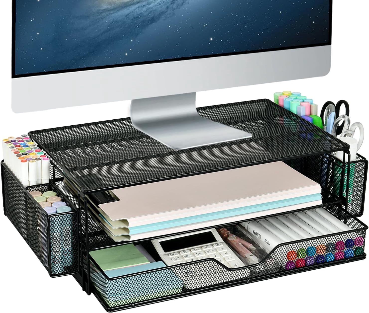 2 Tier Computer Monitor Stands with Drawer and 2 Pencil Holder, Metal ...