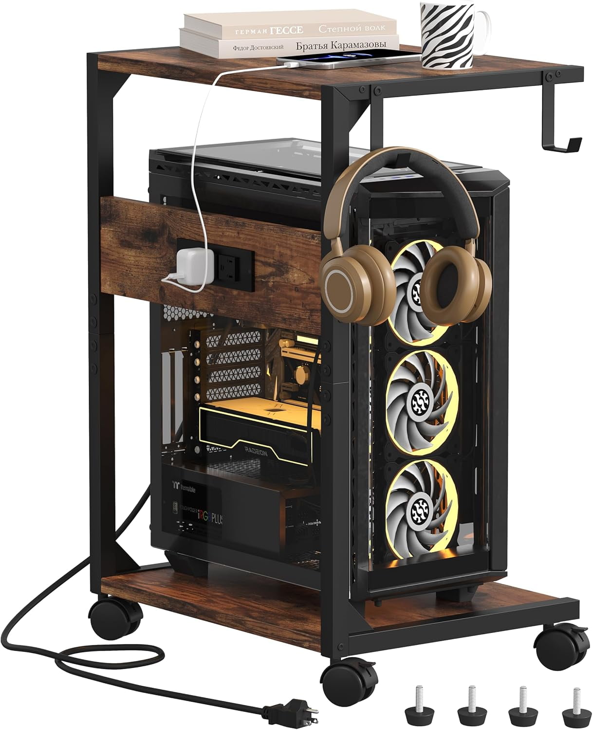 2 Tier Computer Tower Stand with Charging Station 11.8" D x 16.5" W ...