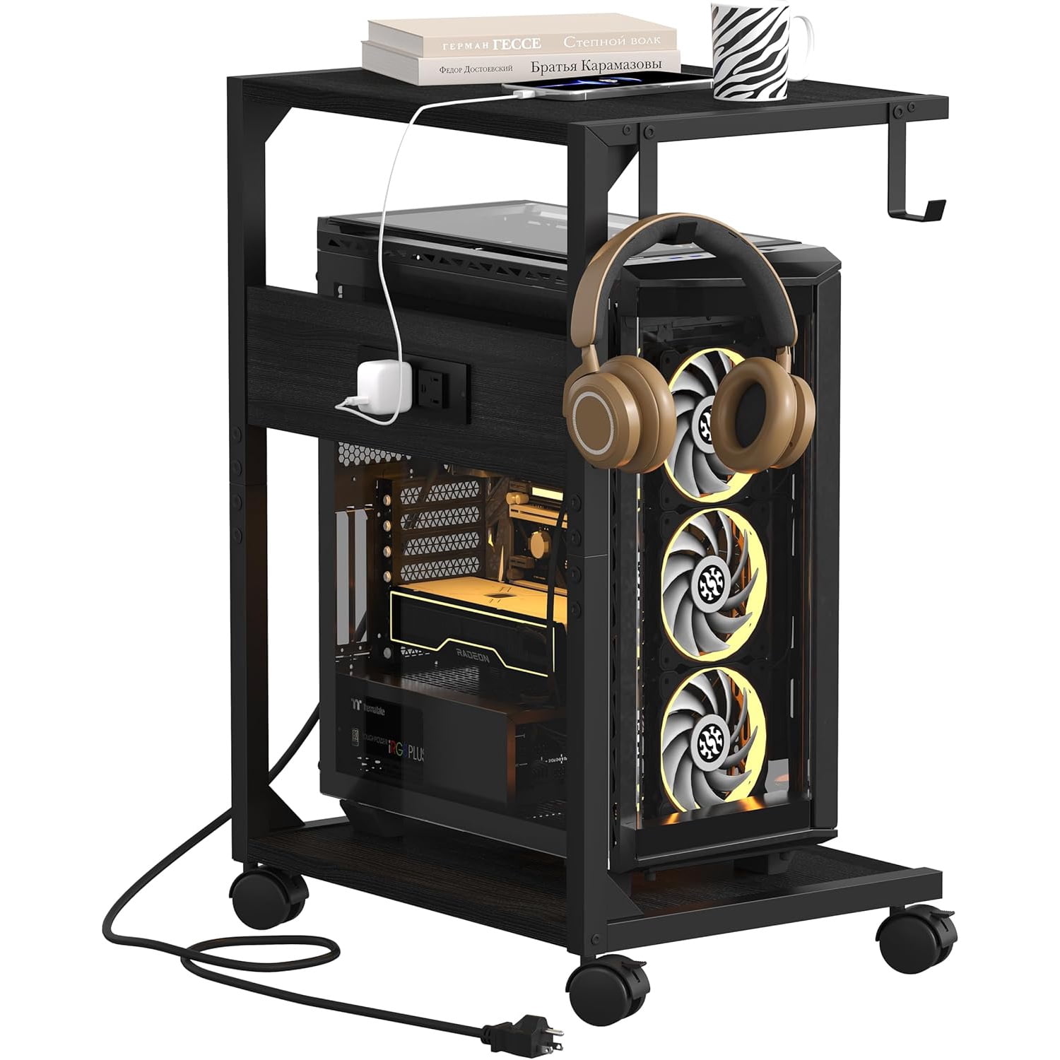 2 Tier Computer Tower Stand with Charging Station, 11.8"D x 16.5"W ...