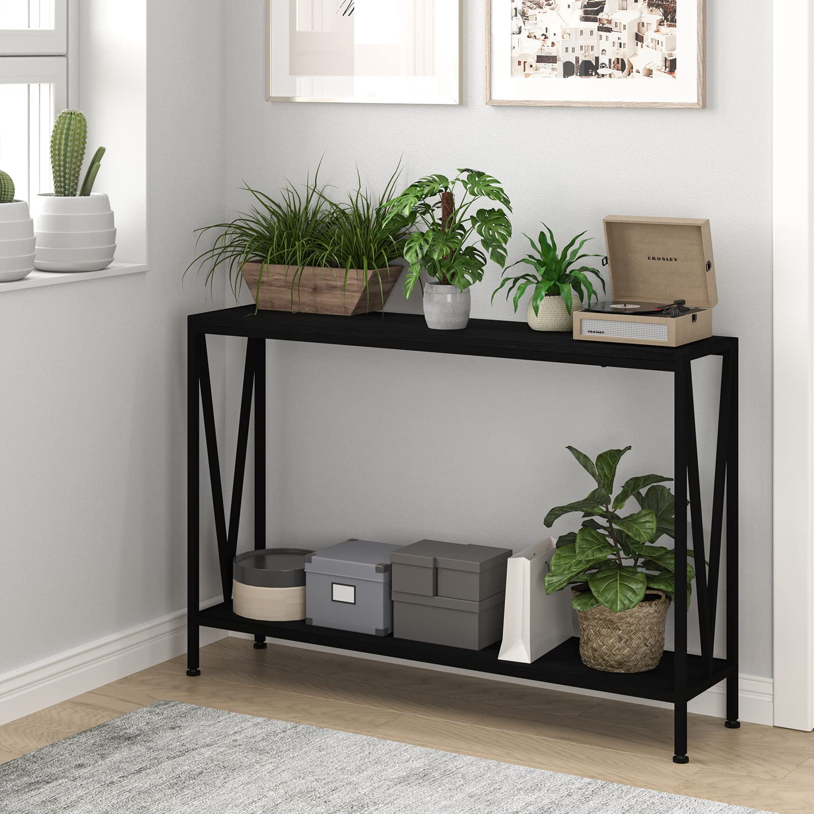 2-Tier Console Sofa Table with Storage Shelf, Wood Entryway Table, V ...