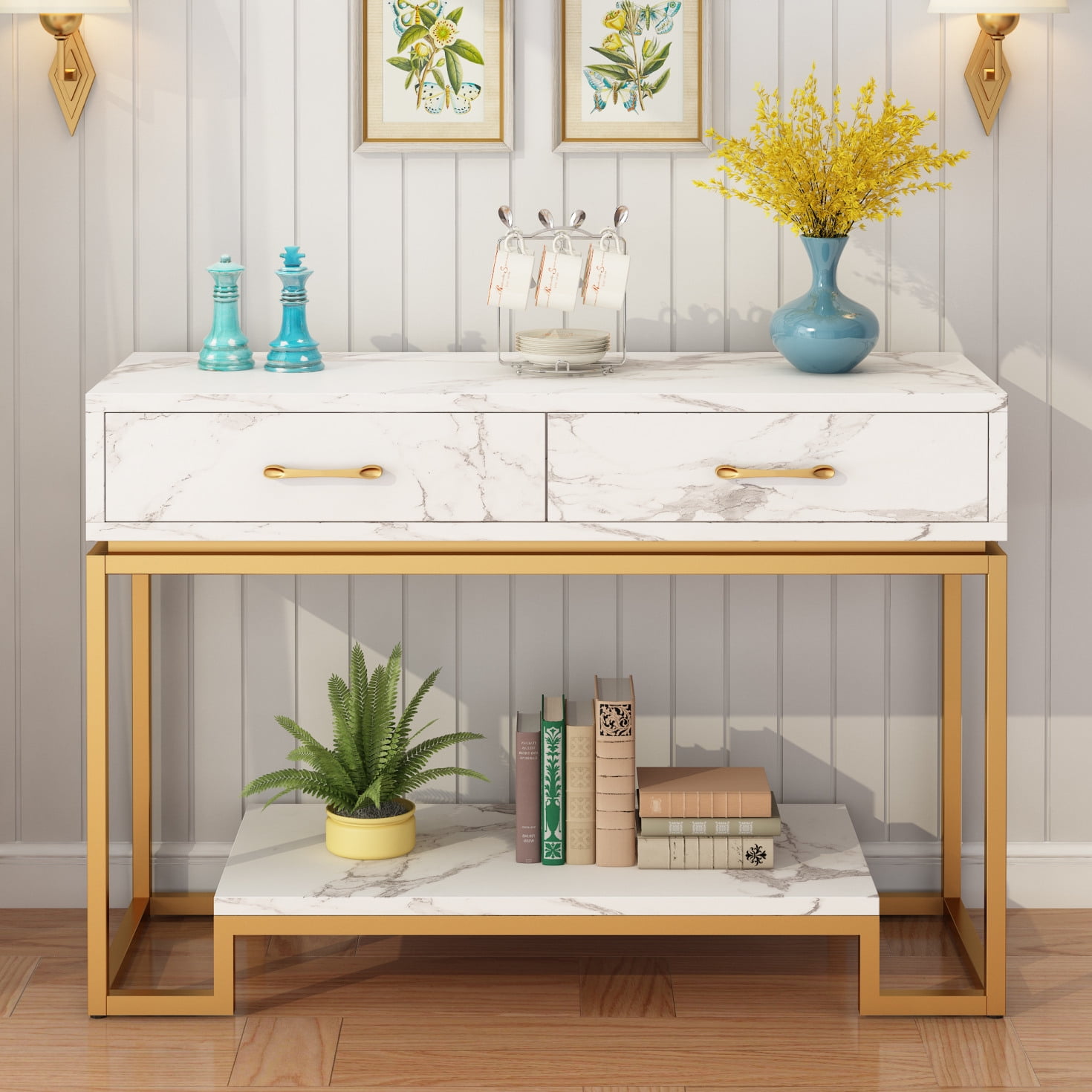 2-Tier Console Table with 2 Drawers and Sturdy Base, Sofa Table Narrow ...