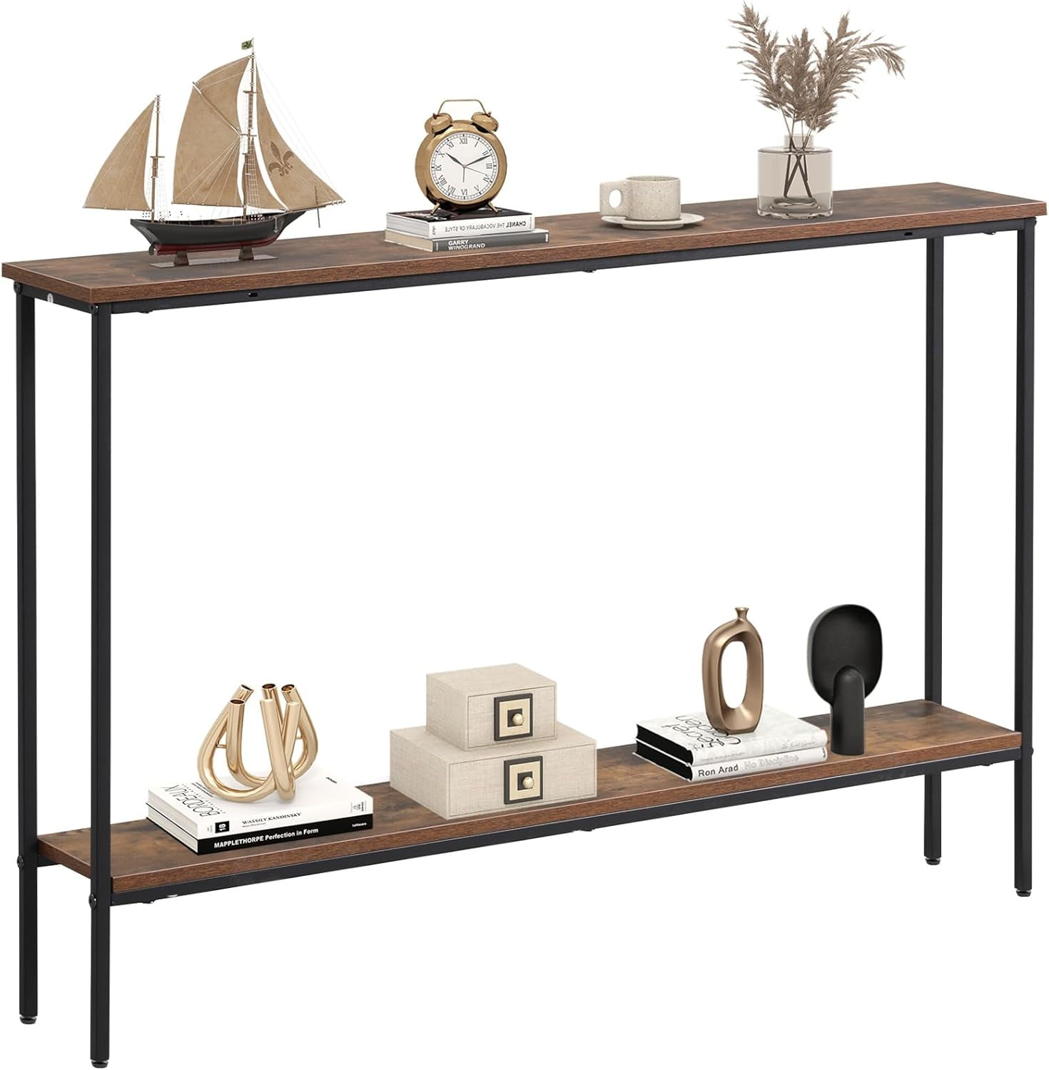 2-Tier Console Table with Shelf, 44" Narrow Entryway Table w/Dual Anti ...