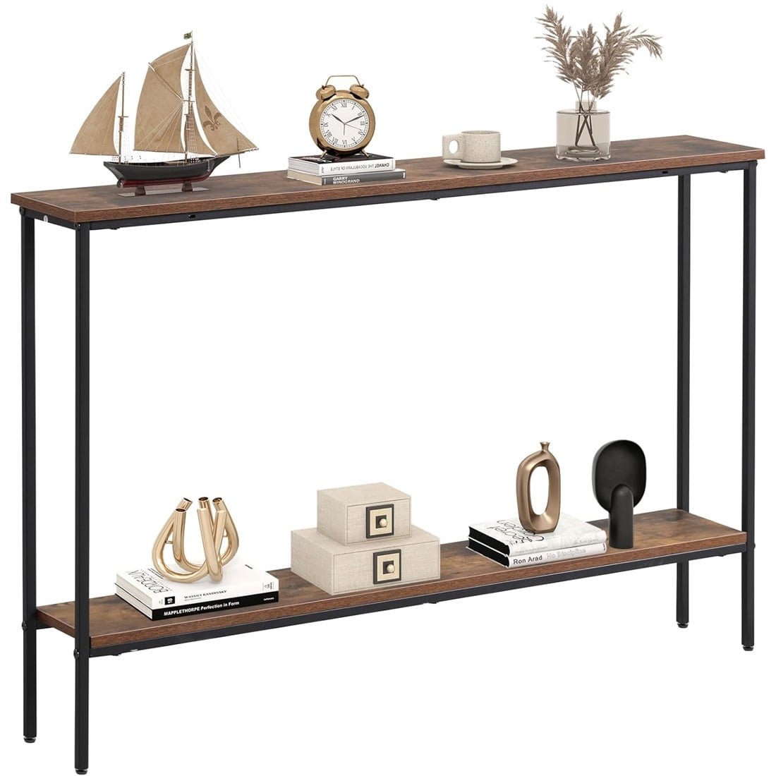 2-Tier Console Table with Shelf, 44" Narrow Entryway Table w/Dual Anti ...