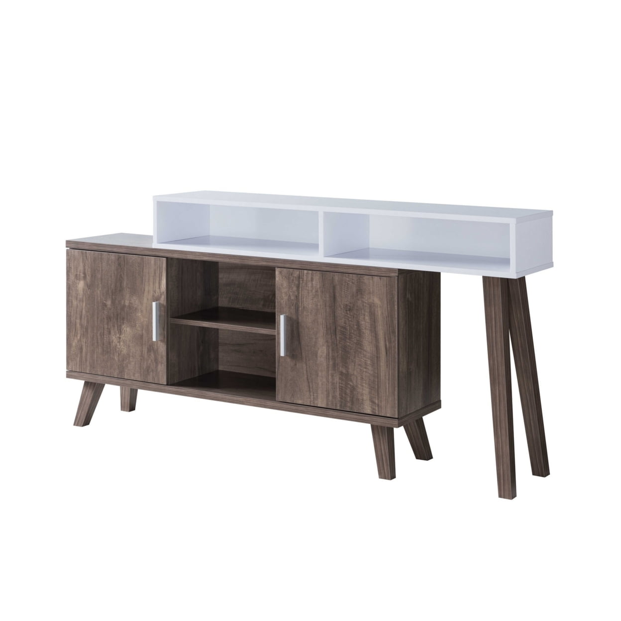 2 Tier Console Table with 4 Compartments and Cabinets, White and Brown ...