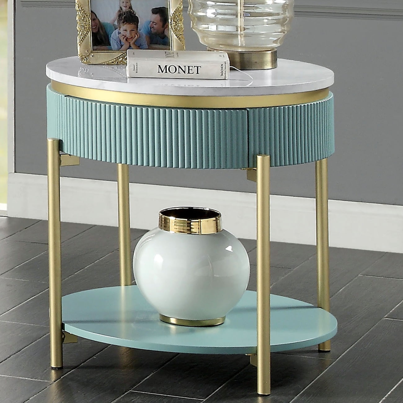 2 Tier Contemporary End Table with White Faux Marble Top, Gold Steel ...