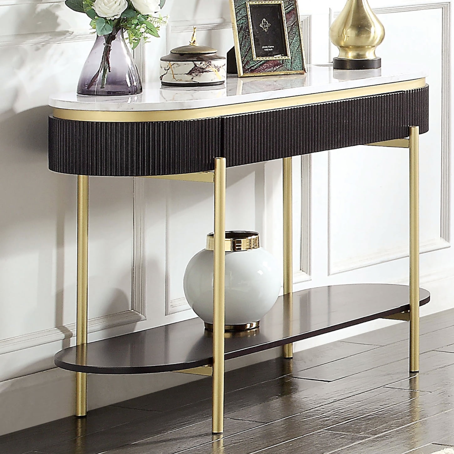 2 Tier Contemporary End Table with White Faux Marble Top, Gold Steel ...