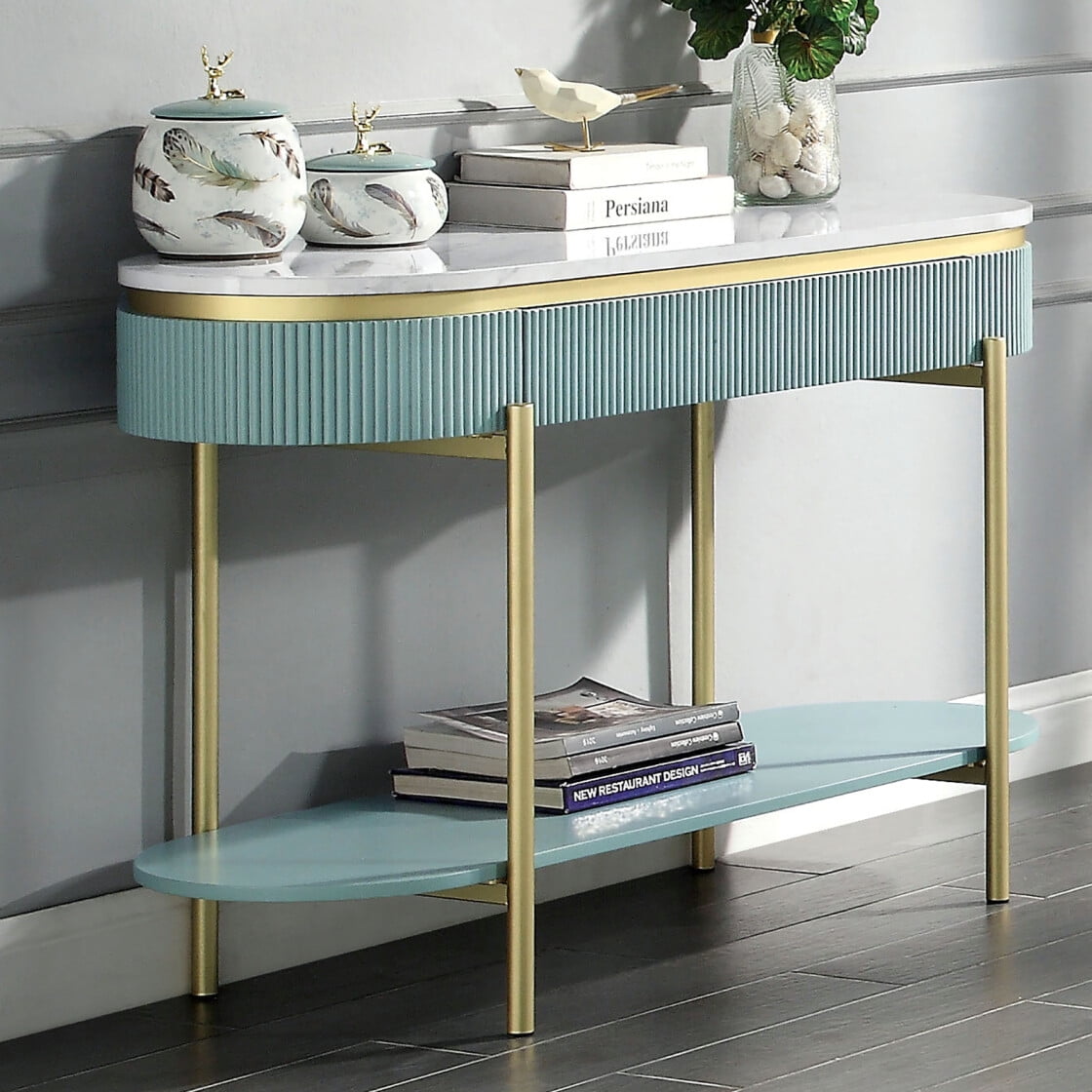 2 Tier Contemporary End Table with White Faux Marble Top, Gold Steel ...