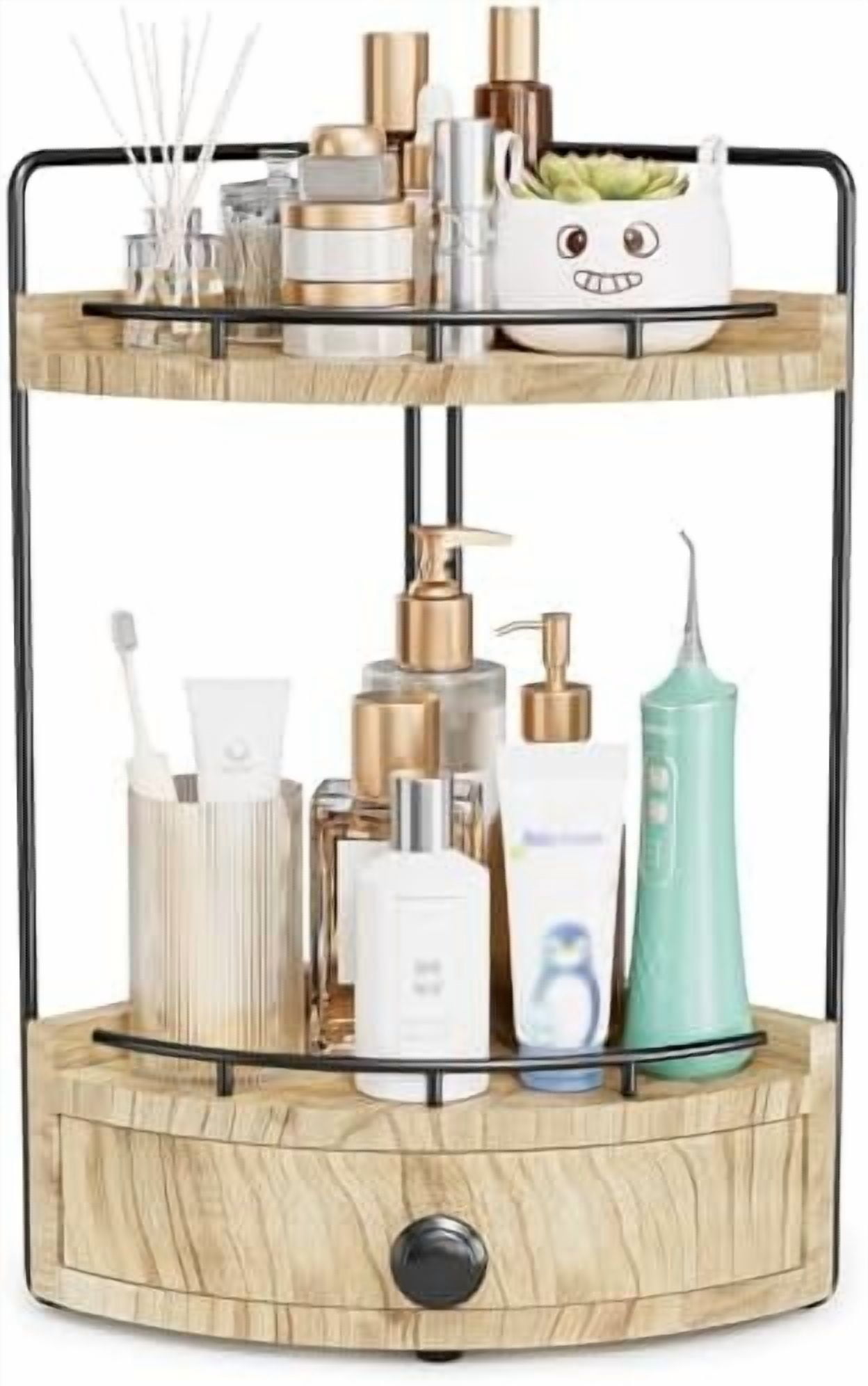 2-Tier Corner Bathroom Counter Organizer with Drawer & Embedded Screw ...