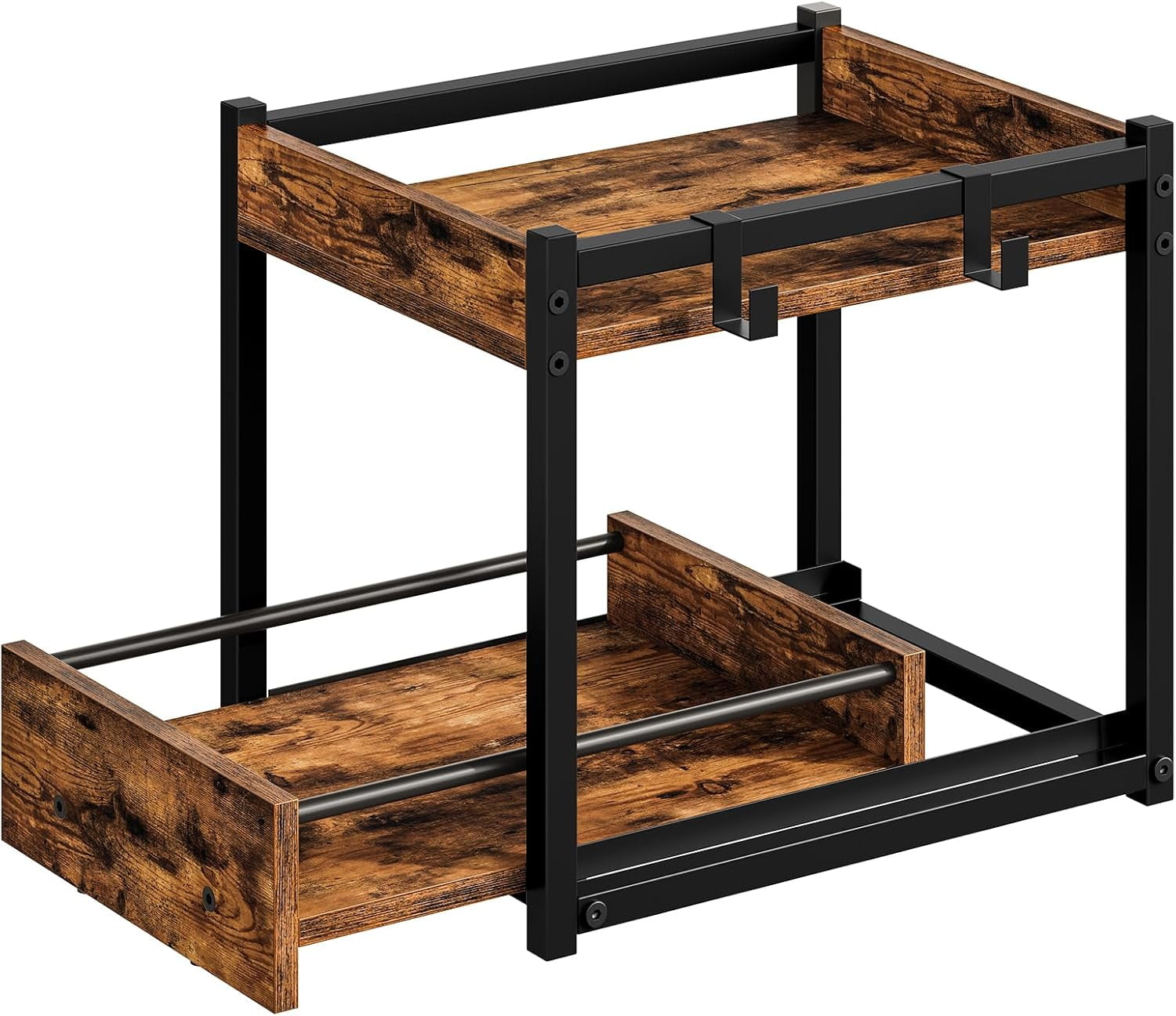 2-Tier Corner Shelf Organizer with Pull-Out Tray & Hooks – Multi ...