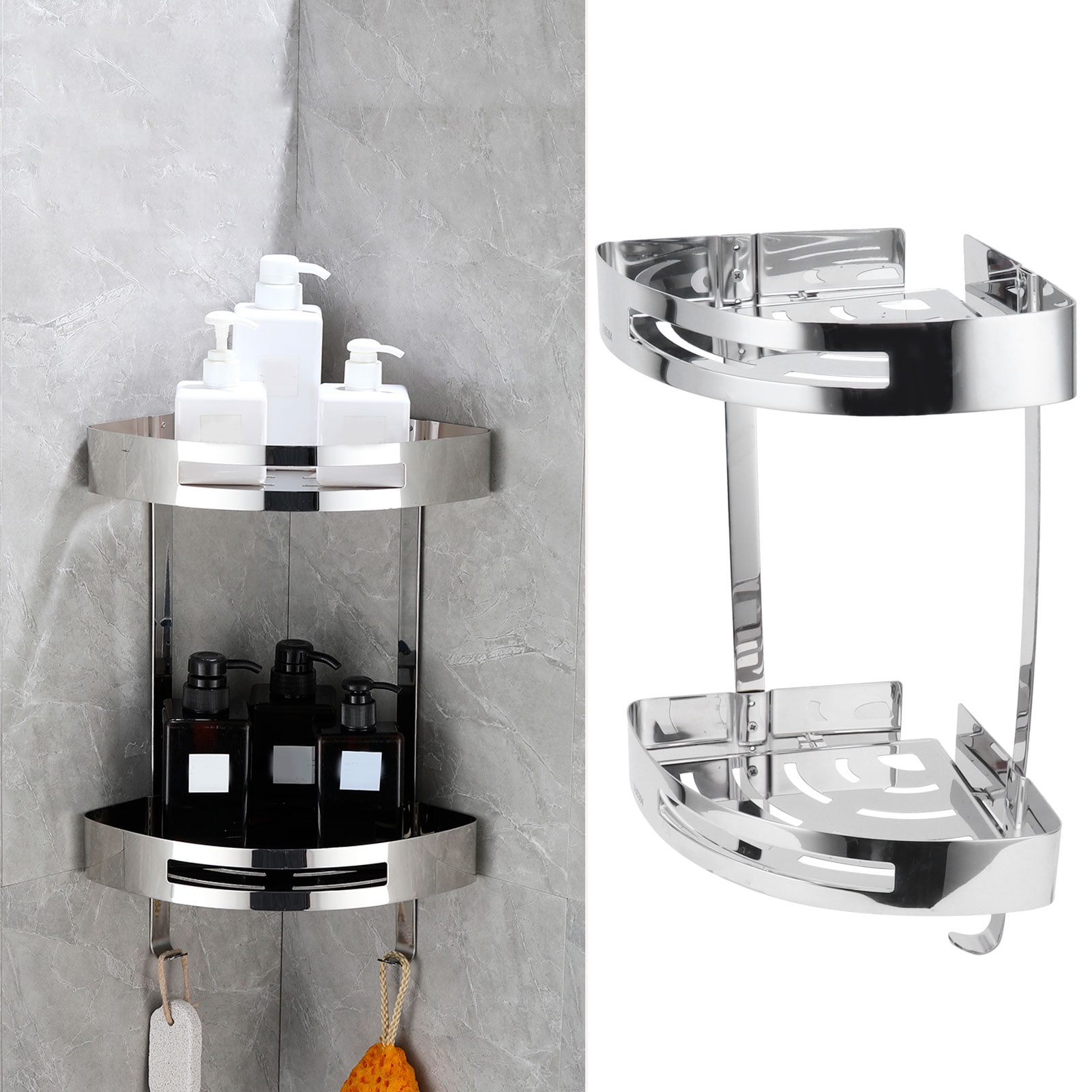 2-Tier Corner Shelf Stainless Steel Triangular Basket with Hooks for ...