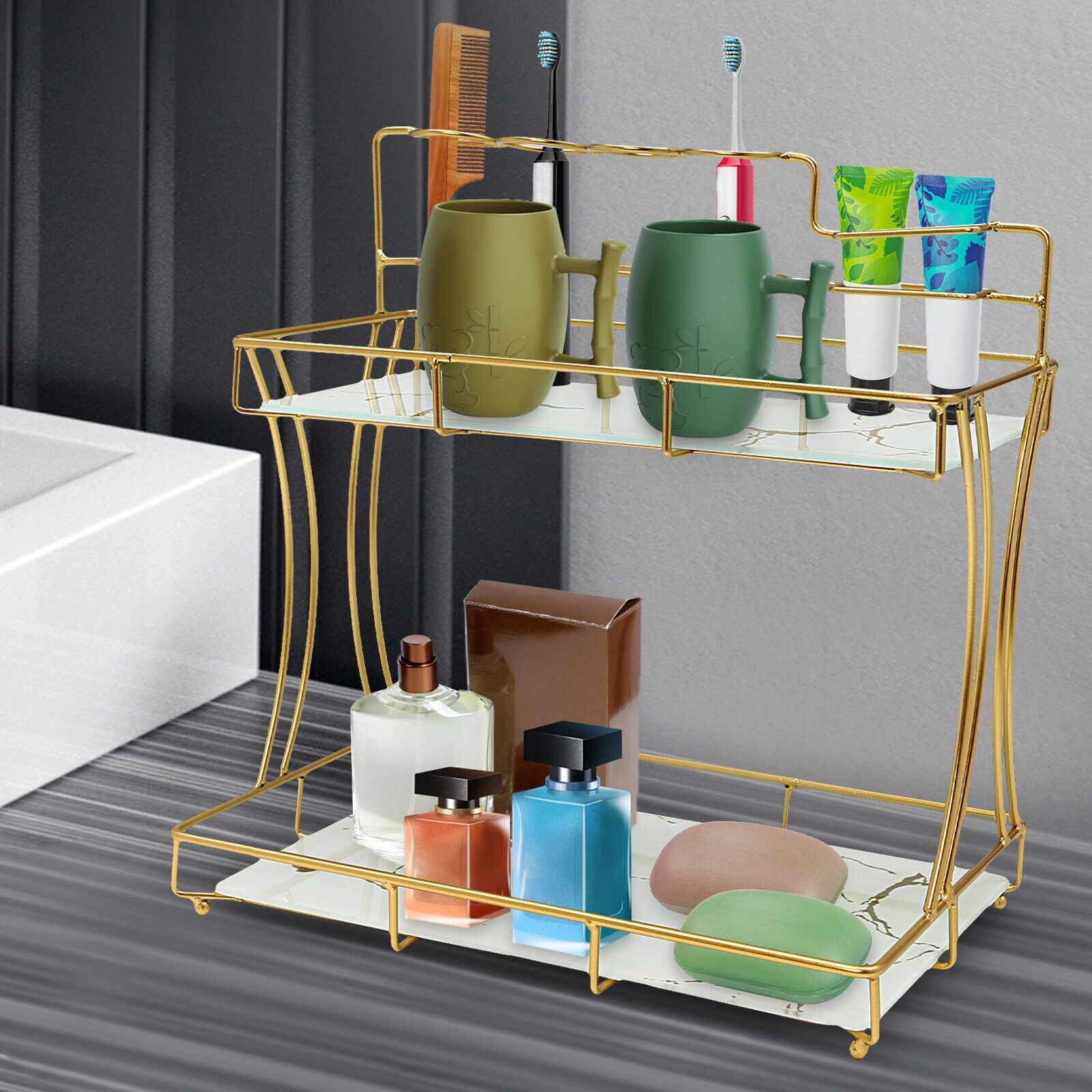 2-Tier Countertop Bathroom Organizer Rack with Toothbrush Holder ...