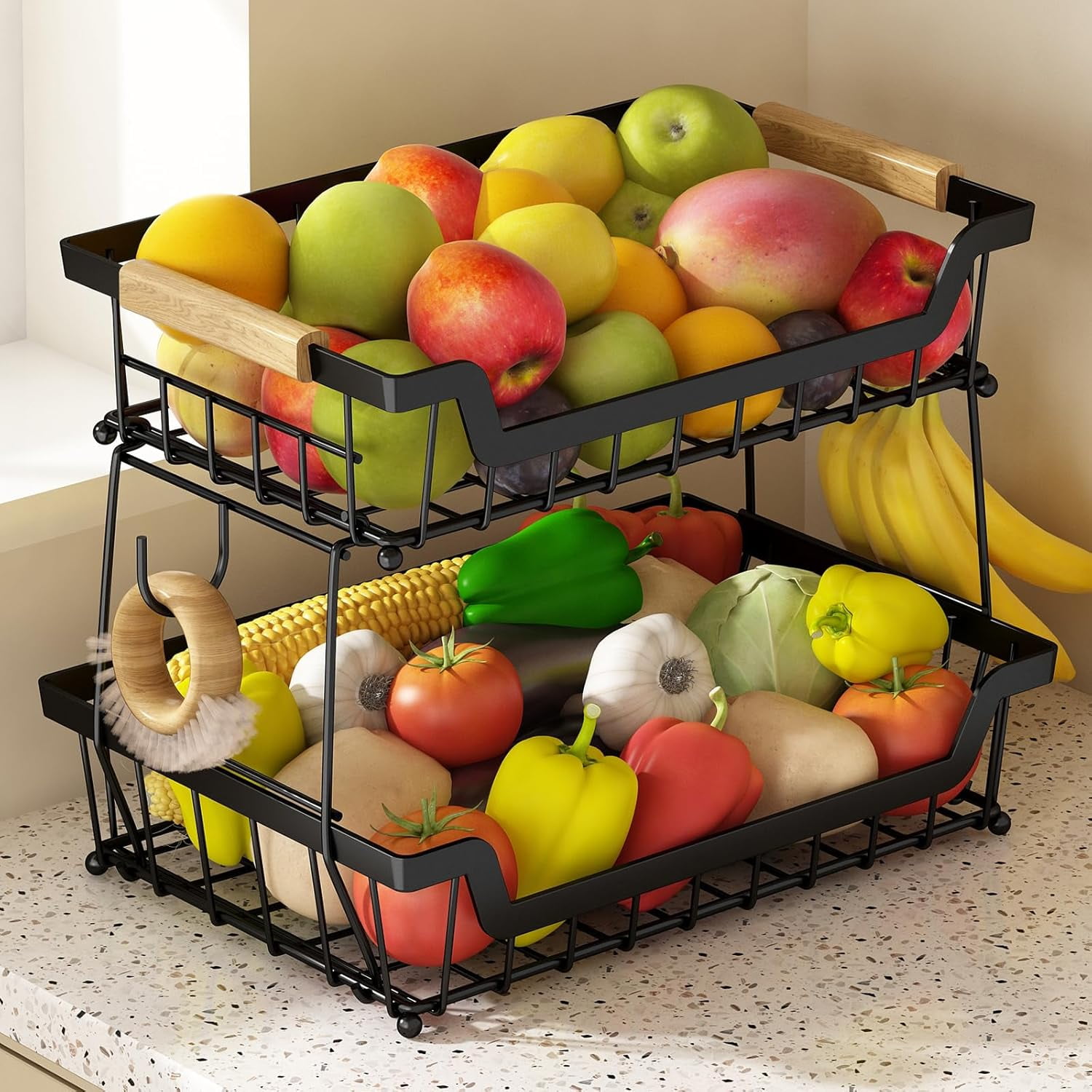 2 Tier Countertop Fruit Basket with 2 Banana Hangers for Kitchen ...