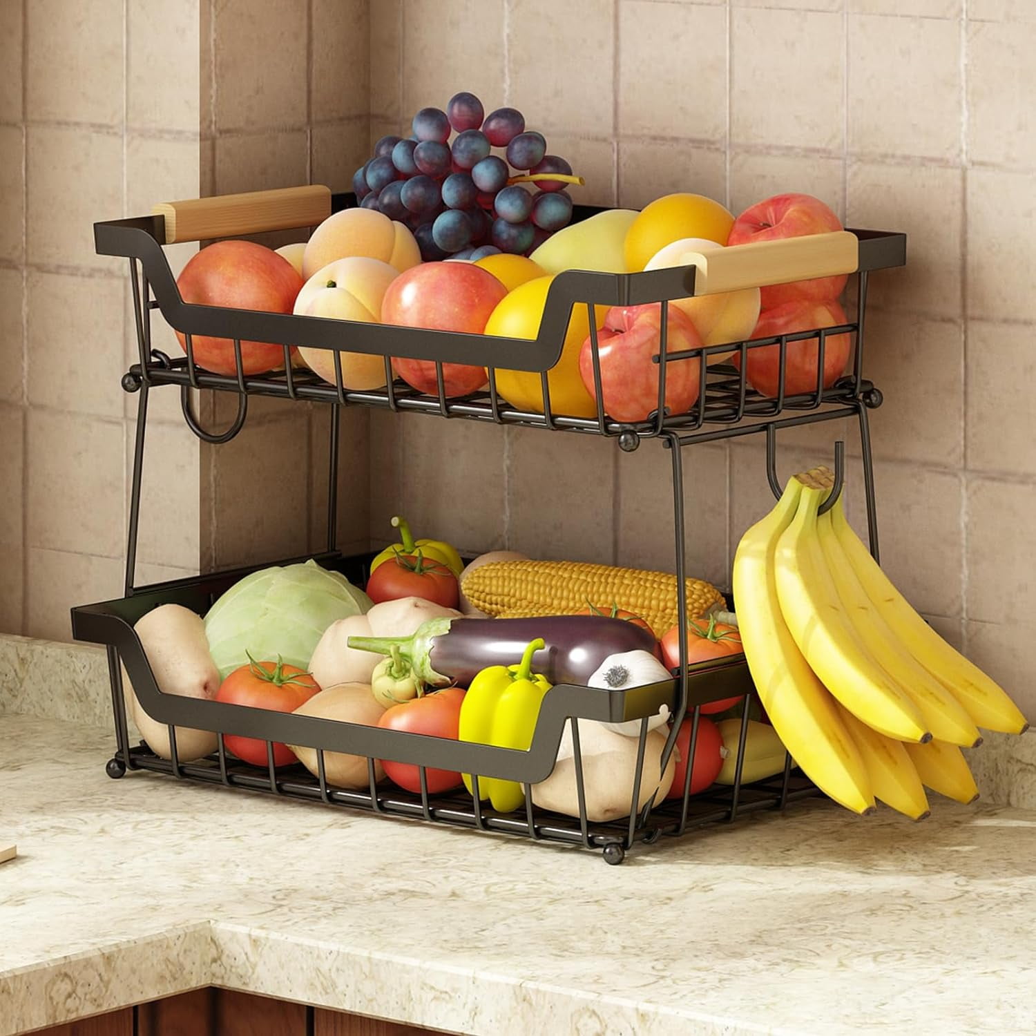2 Tier Countertop Fruit Basket with Banana Hangers for Kitchen ...