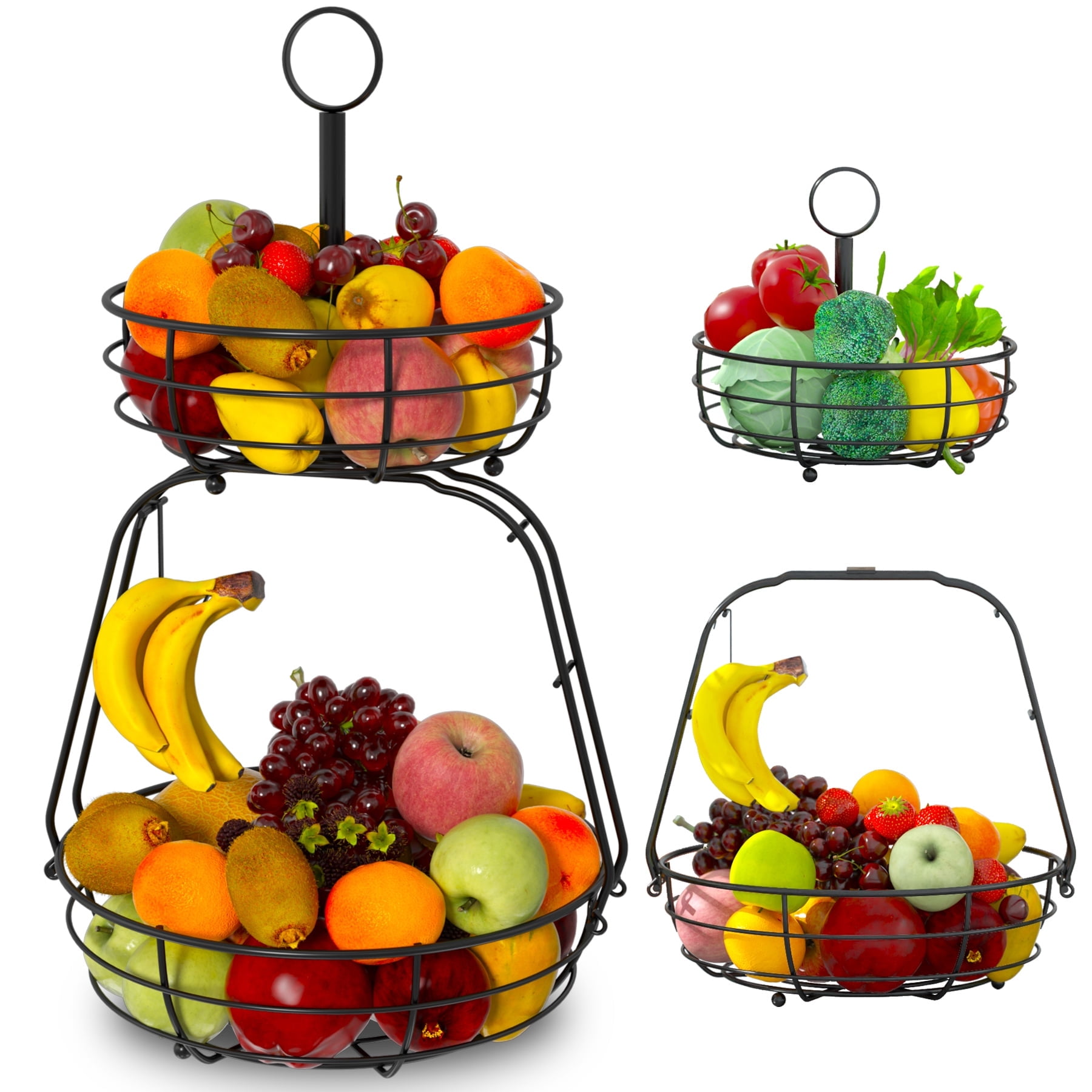 2-Tier Countertop Fruit Basket Bowl with Banana Hanger, Metal Wire ...