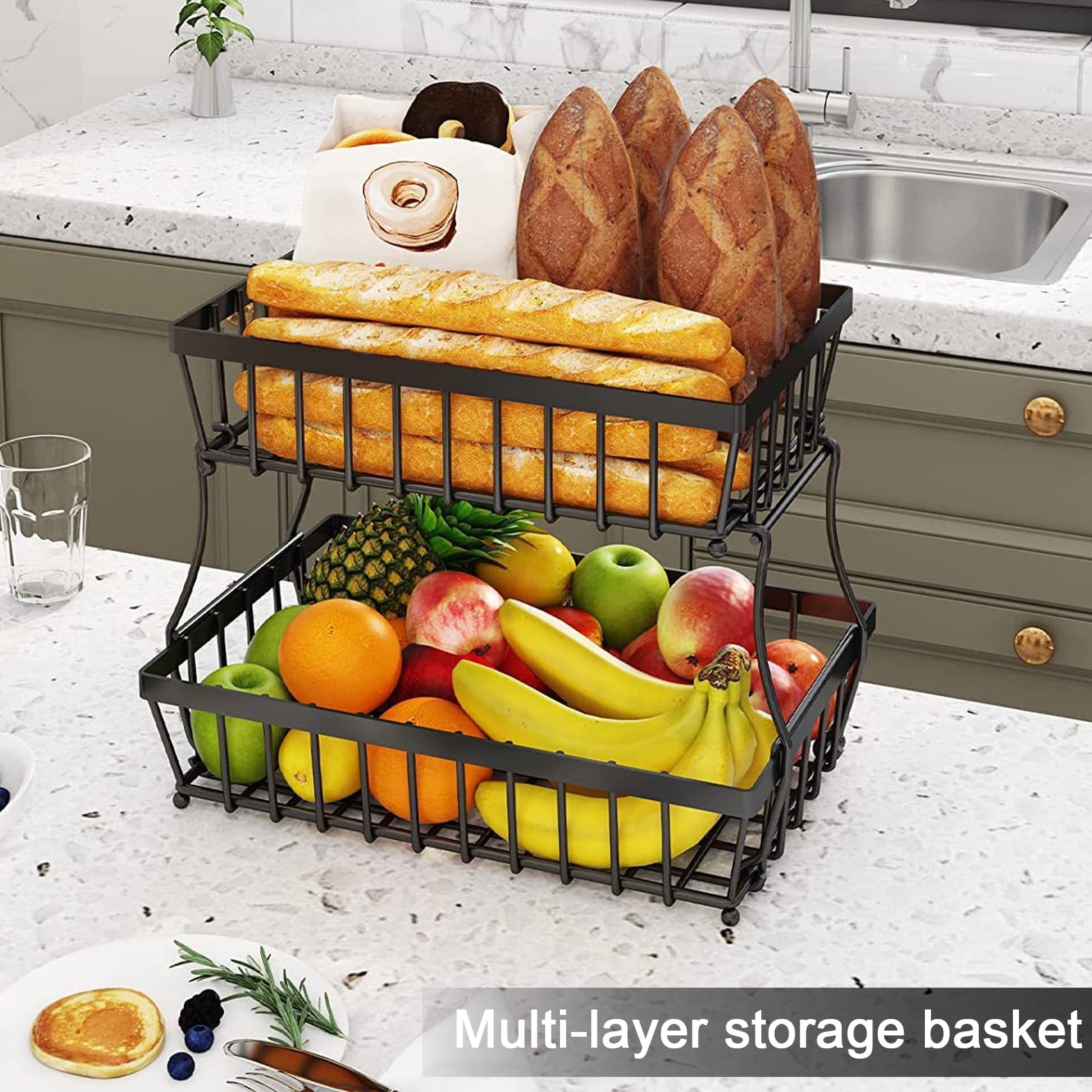 2 Tier Countertop Fruit Basket with Banana Hangers Large Capacity ...