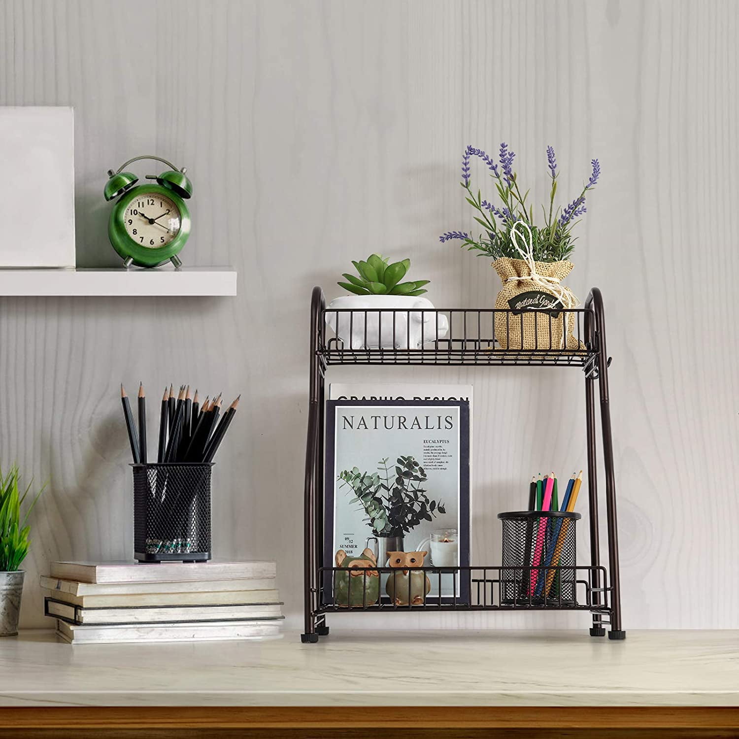 2-Tier Countertop Shelf with 3 Hooks Spice Rack Standing Shelf Bronze ...