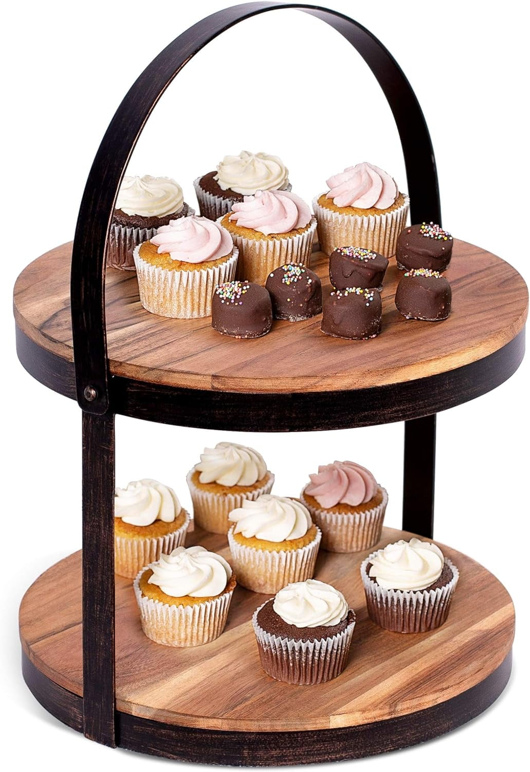 2-Tier Cupcake And Cake Stand With Handle - Wood Iron Dessert Serving ...