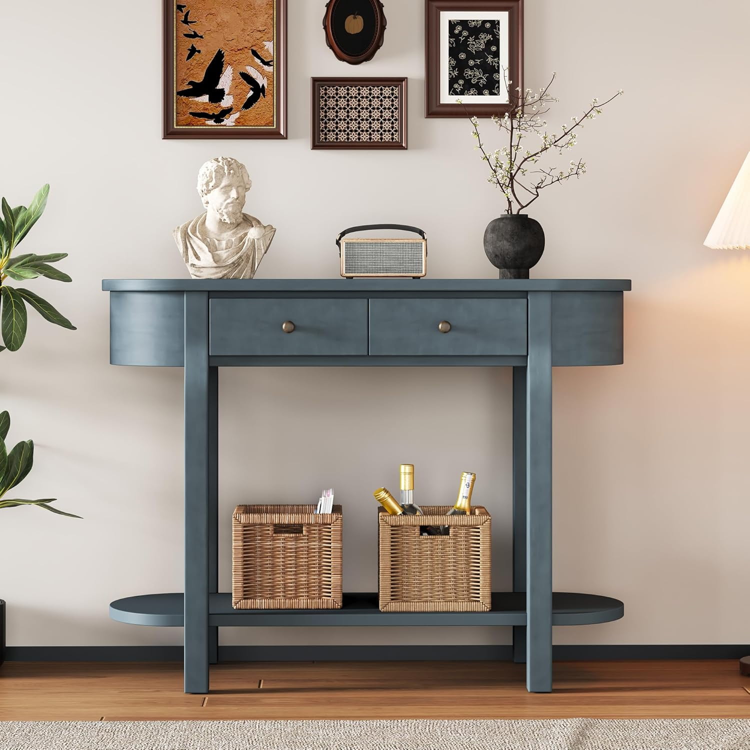 2 Tier Curved Console Table with Storage Drawers for Entryway, Retro ...
