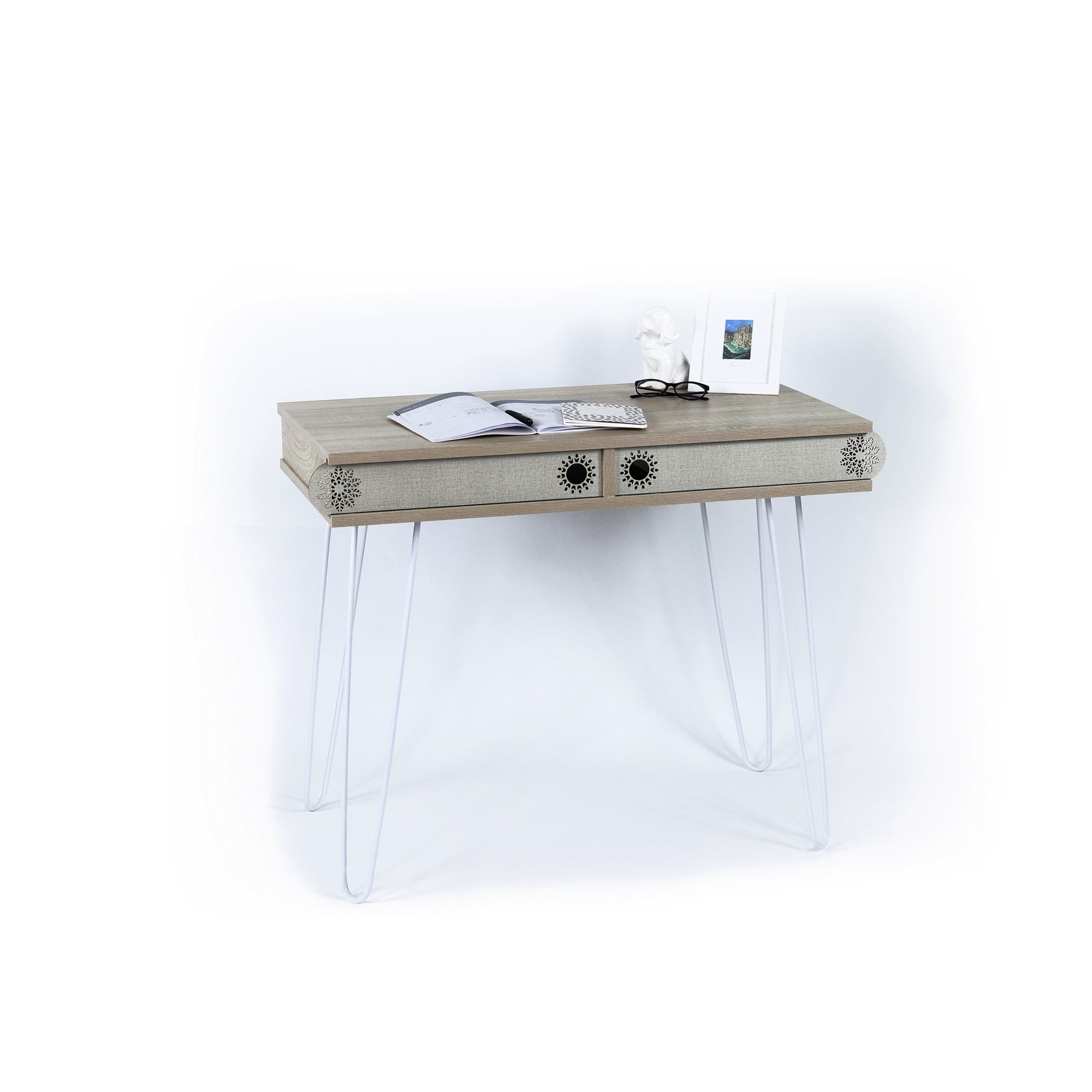 2 Tier Desk With Metal Legs, Oak Wood Top, 27 In H X 20 W 37 D, Elegant ...