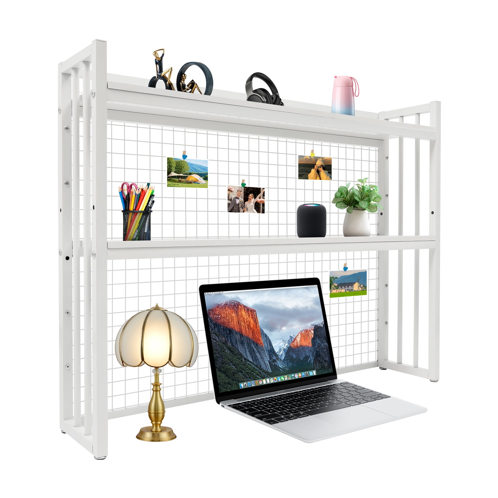 2 Tier Desktop Bookcase with Desk Pegboard, Adjustable Height Hutch ...