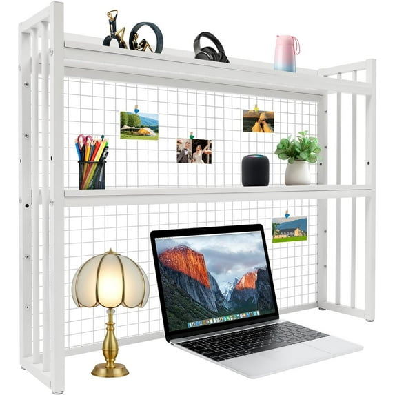 2-Tier Desktop Hutch Bookshelf - Metal Desk Shelf Bookcase with Grid ...