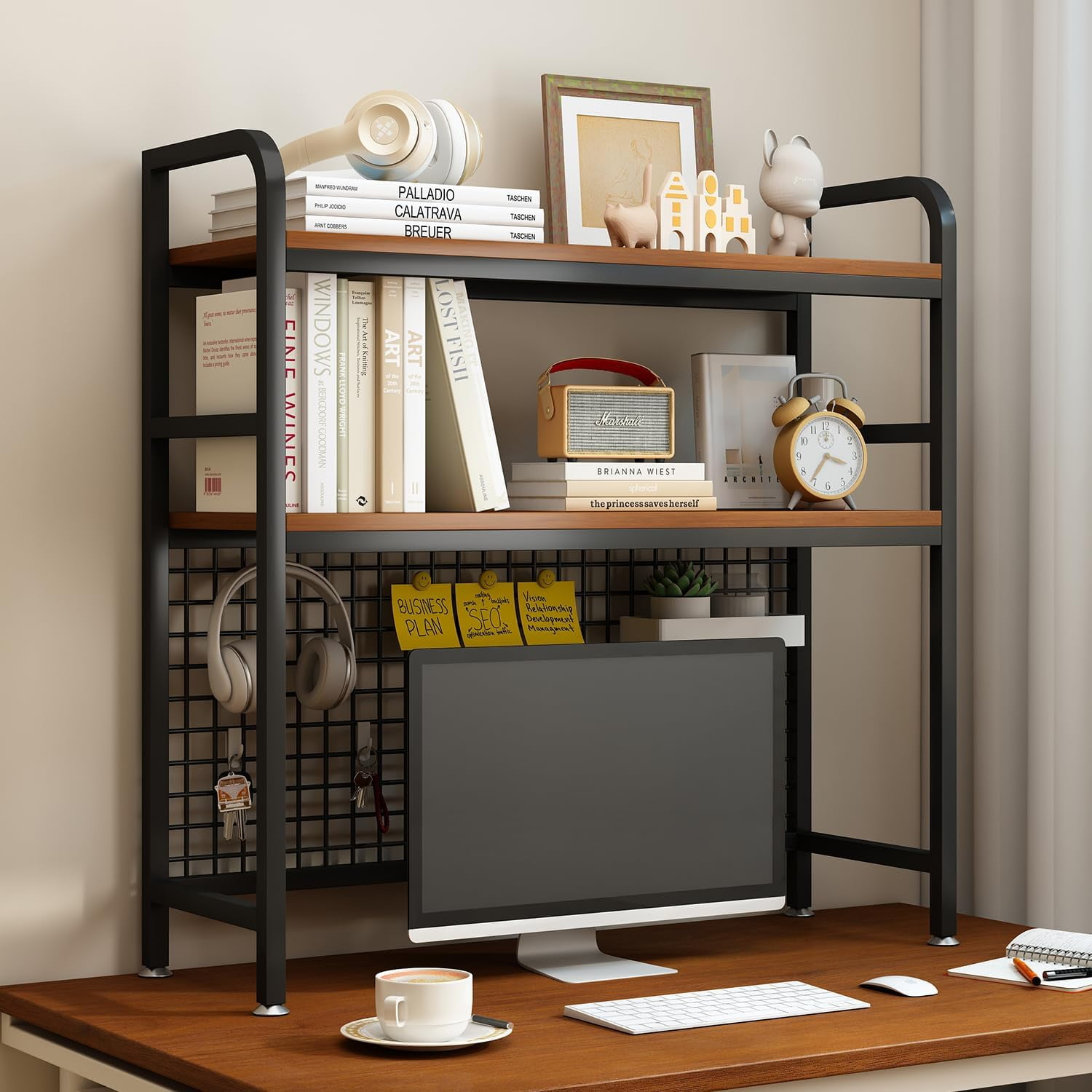 2-Tier Desktop Hutch Bookshelf - Metal Desk Shelf Bookcase with Grid ...