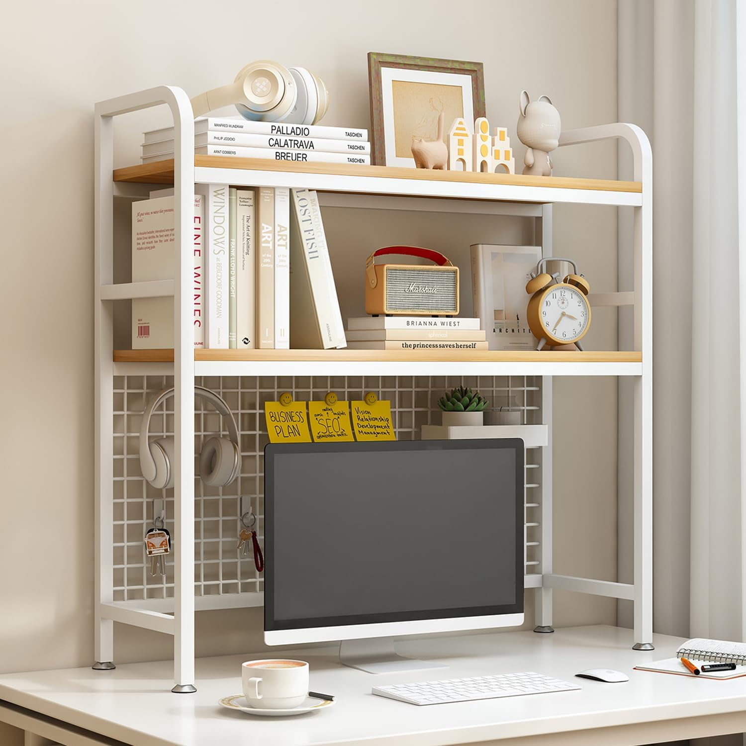 2-Tier Desktop Hutch Bookshelf - Metal Desk Shelf Bookcase with Grid ...