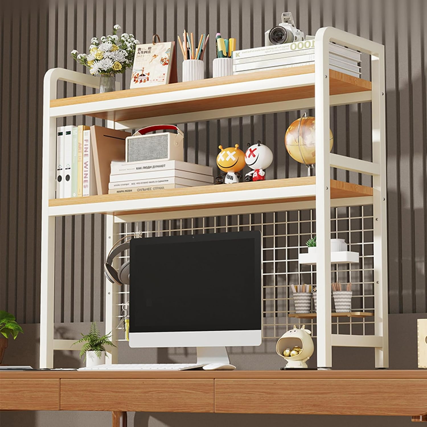 2-Tier Desktop Hutch Bookshelf Metal Desk Shelf Dorm Bookcase for ...