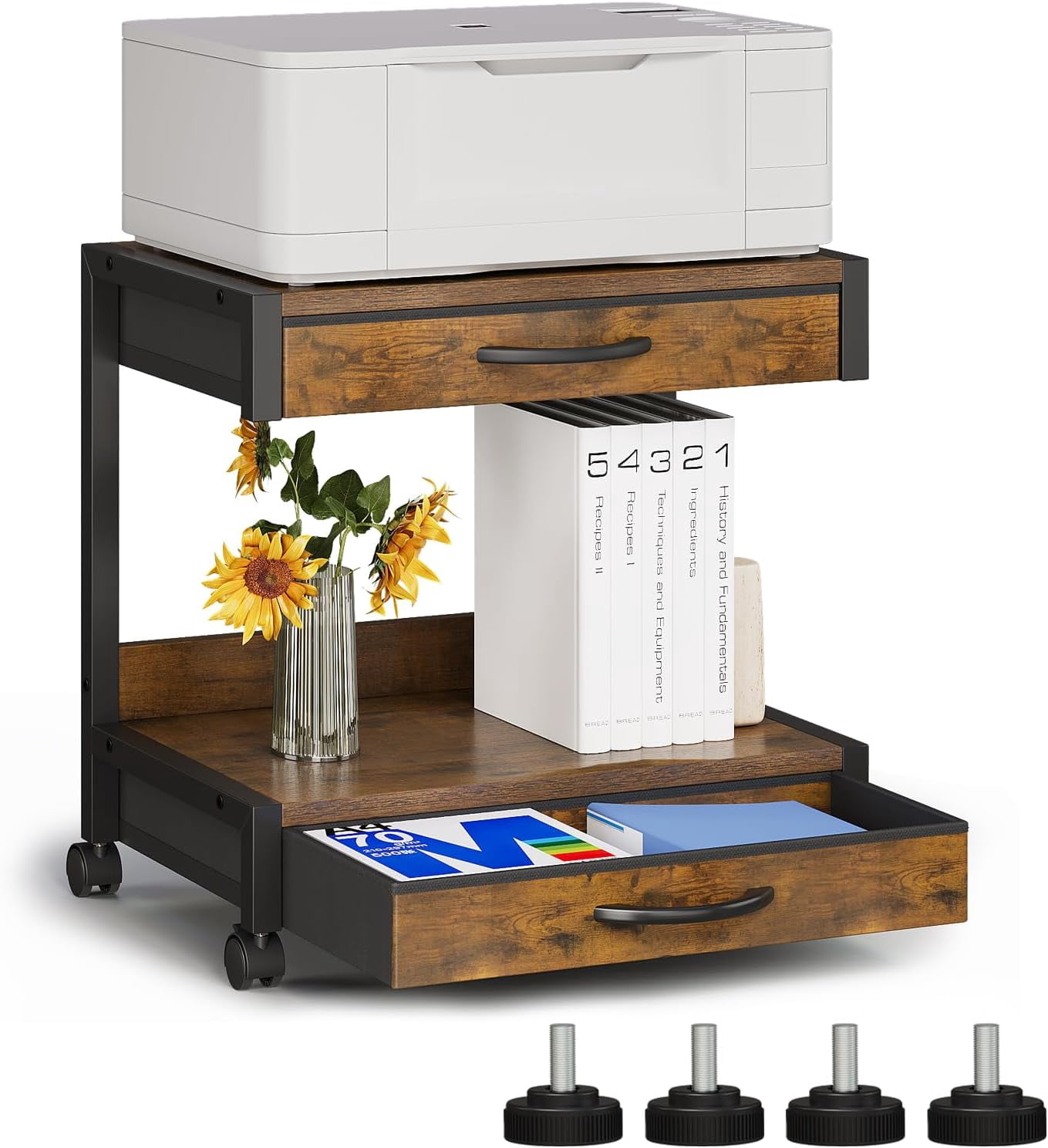 2-Tier Desktop Printer Stand with 2 Fabric Drawers, Prtiner Table with ...