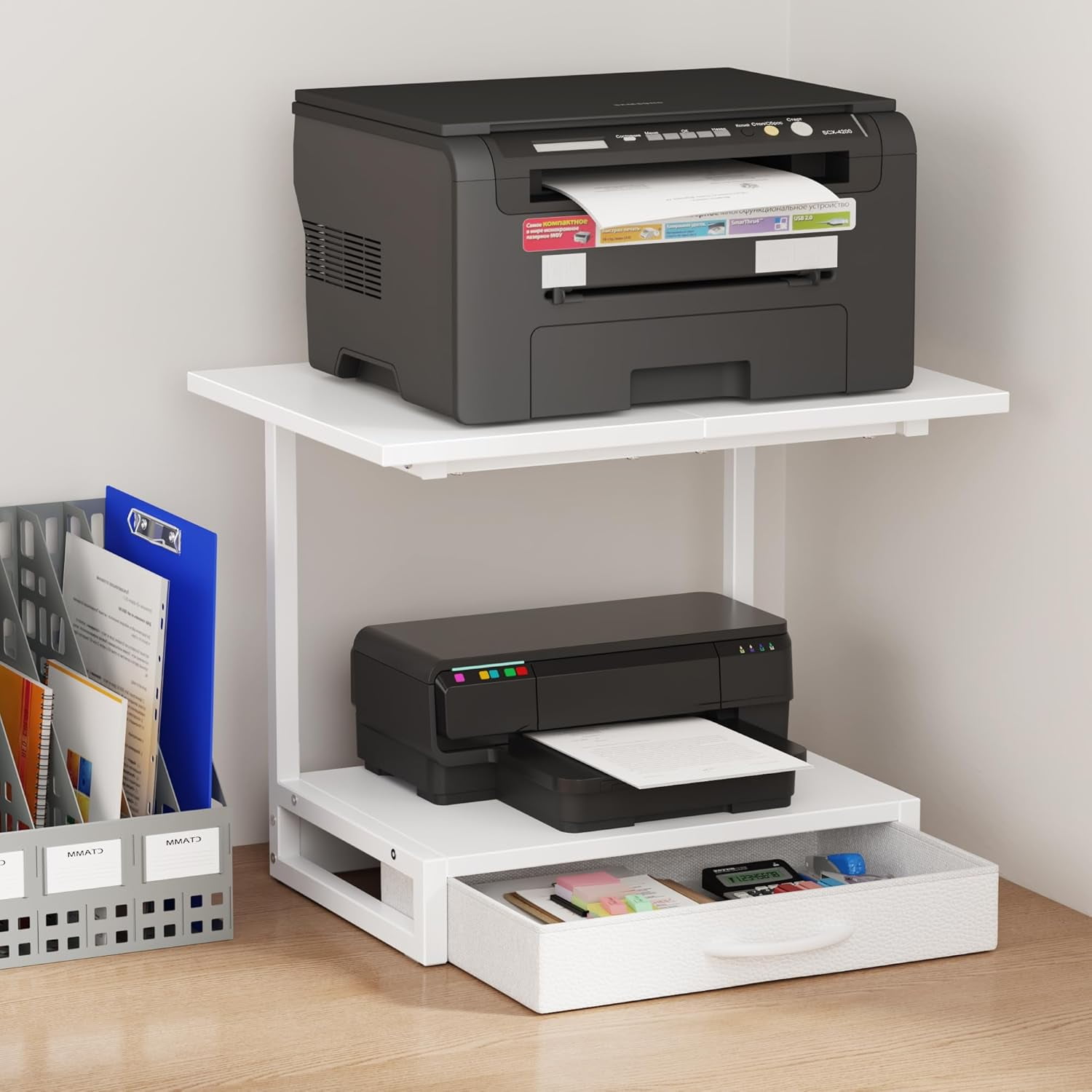 2-Tier Desktop Printer Stand with Fabric Drawer, Prtiner Table with Storage Shelf, Desk ...
