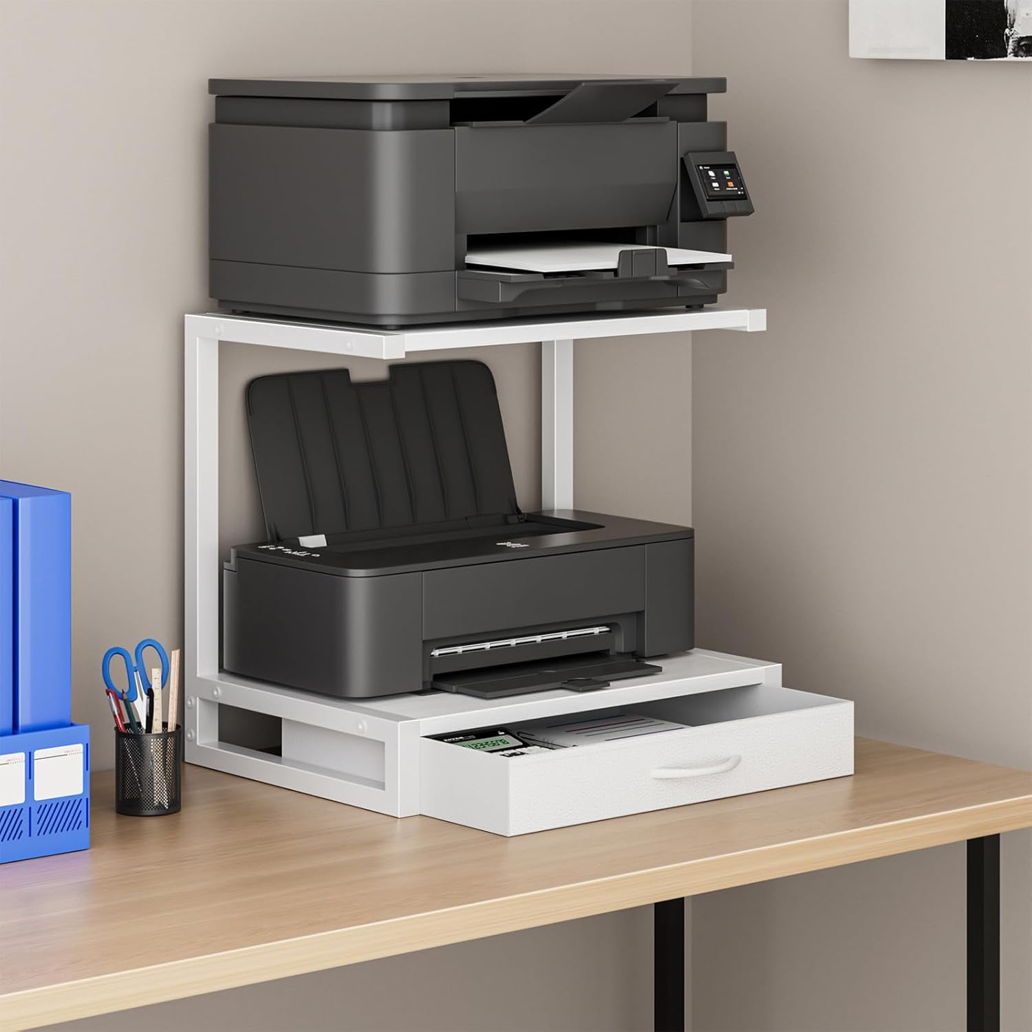 2-Tier Desktop Printer Stand with Fabric Drawer, Prtiner Table with ...