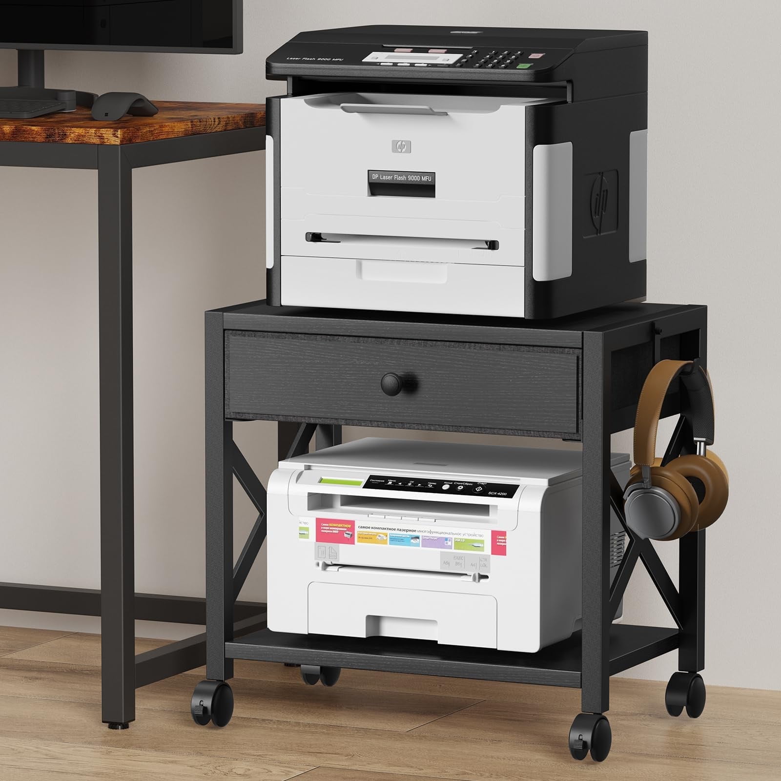 2-Tier Desktop Printer Stand with Large Drawer, Under Desk Printer ...