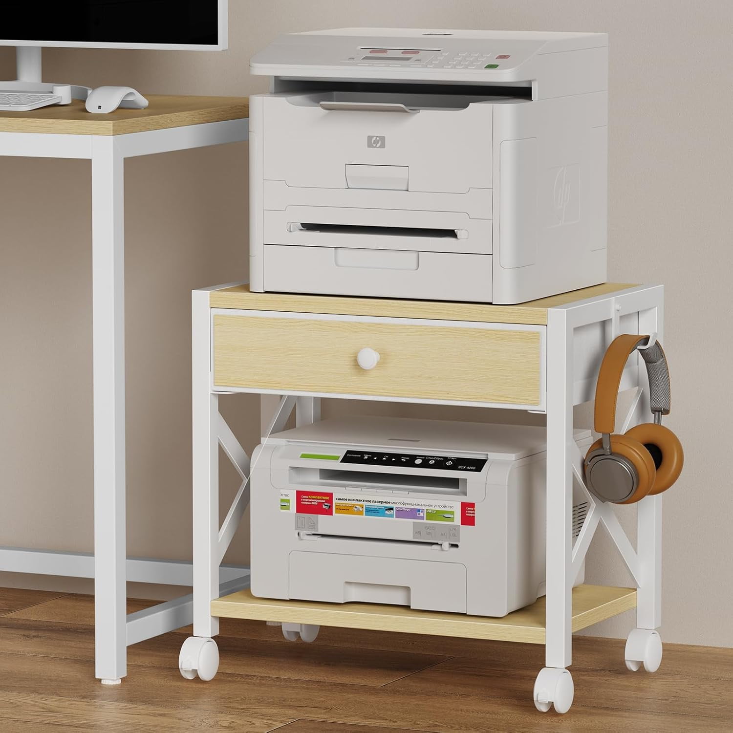 2-Tier Desktop Printer Stand with Large Drawer, Under Desk Storage with ...