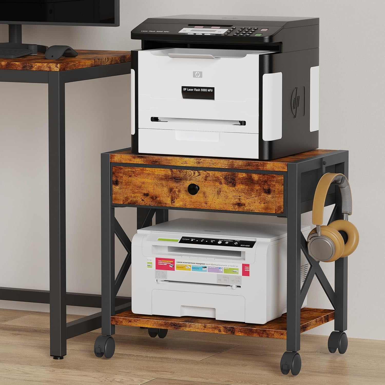 2-Tier Desktop Printer Stand with Large Drawer, Under Desk Storage with ...