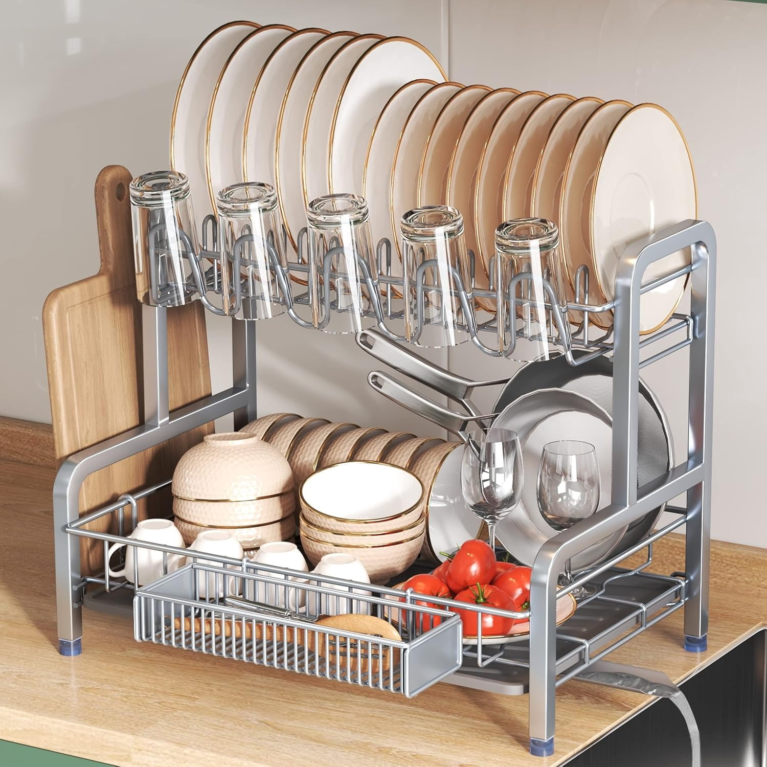 2 Tier Dish Drainer Drying Rack for Kitchen Counter Large Stainless ...
