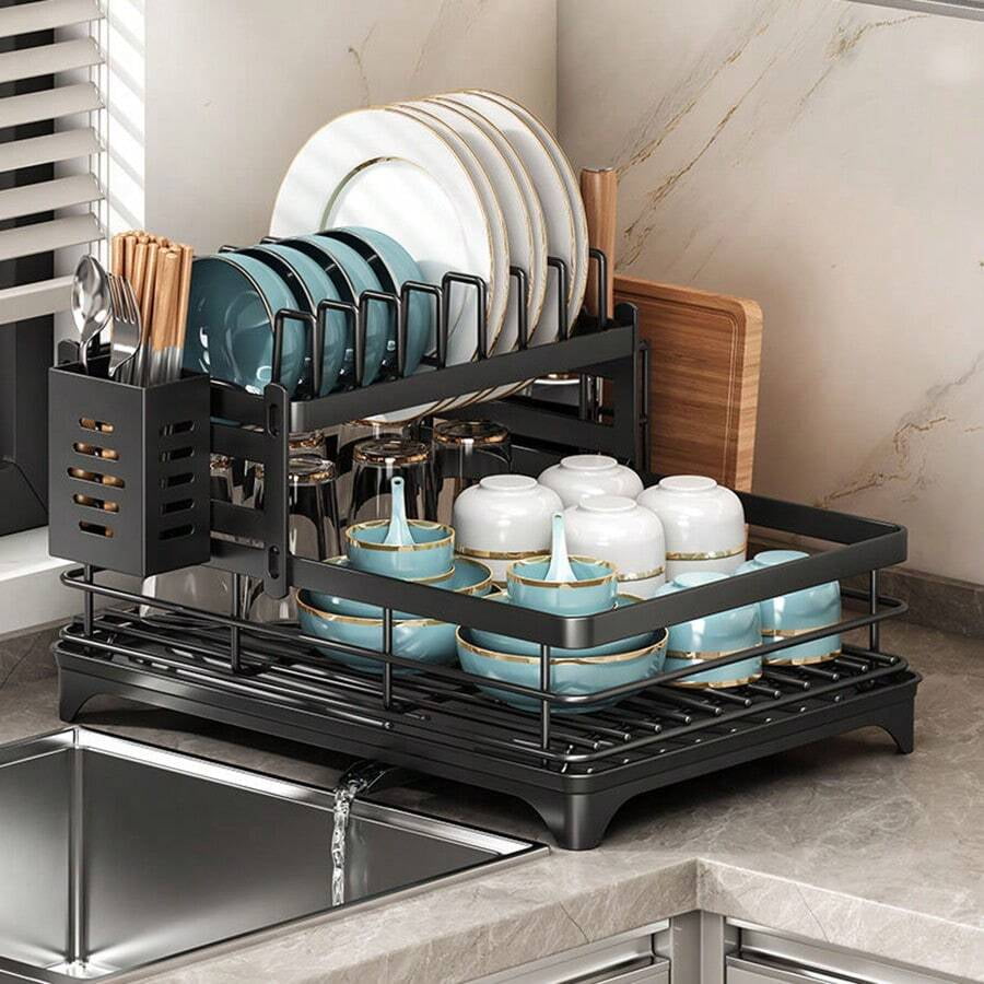 2 Tier Dish Drainer Rack With 360 ° Swivel Spout, Detachable Metal Dish ...