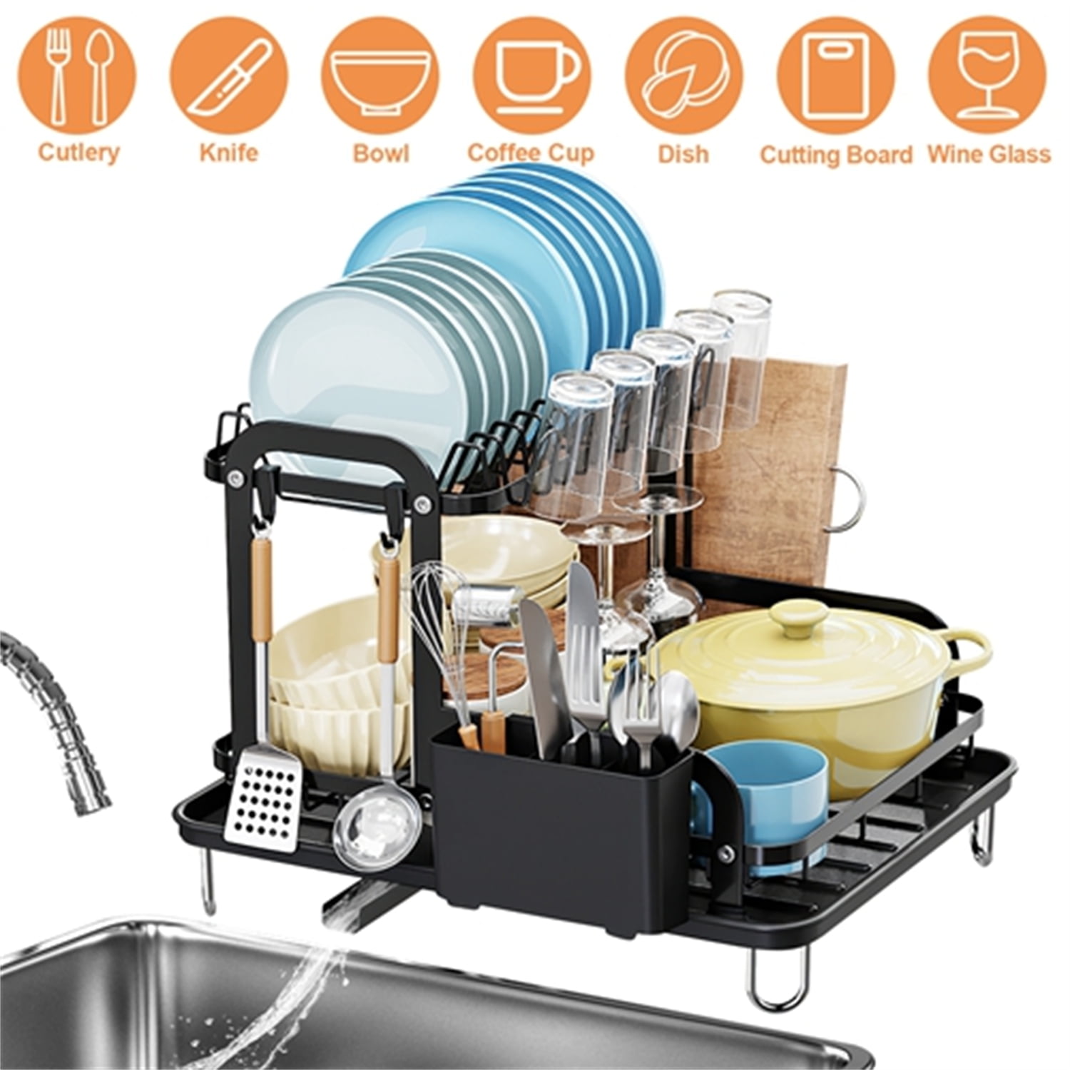 2 Tier Dish Drying Rack, Carbon Steel Rust Resistant Kitchen Drainer ...