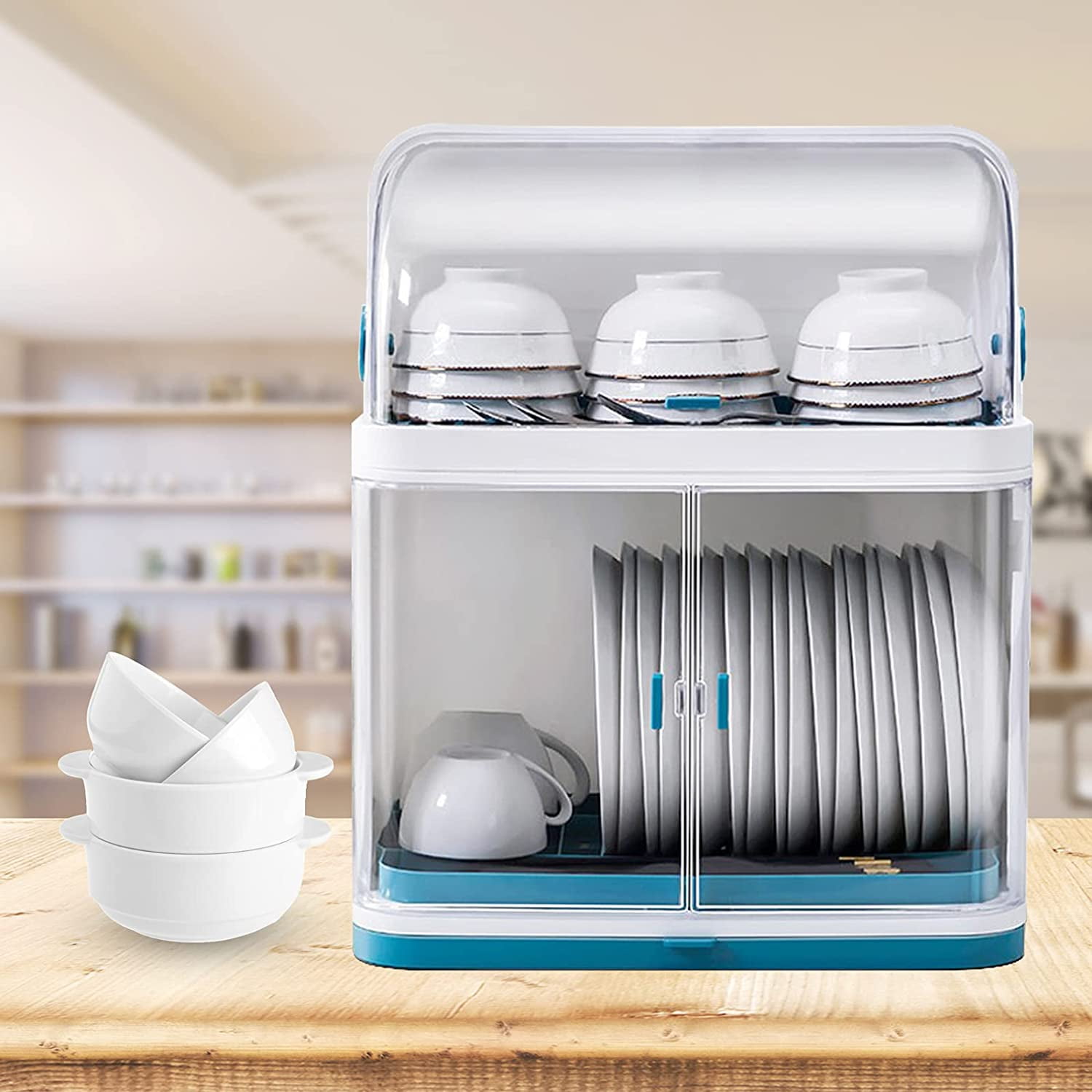 2 Tier Dish Drying Rack, Drain Board with Lid, Transparent Dust Cover ...